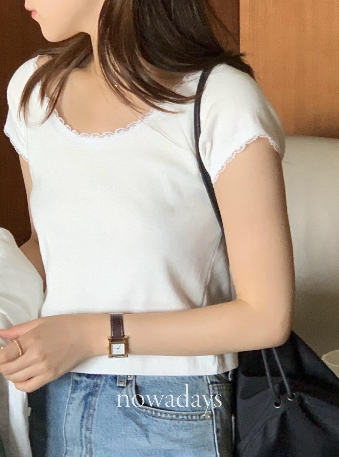 나우어데이즈 버베인 키치 레이스 크롭 반팔 티셔츠 코튼 유넥 래글런 t (2col)