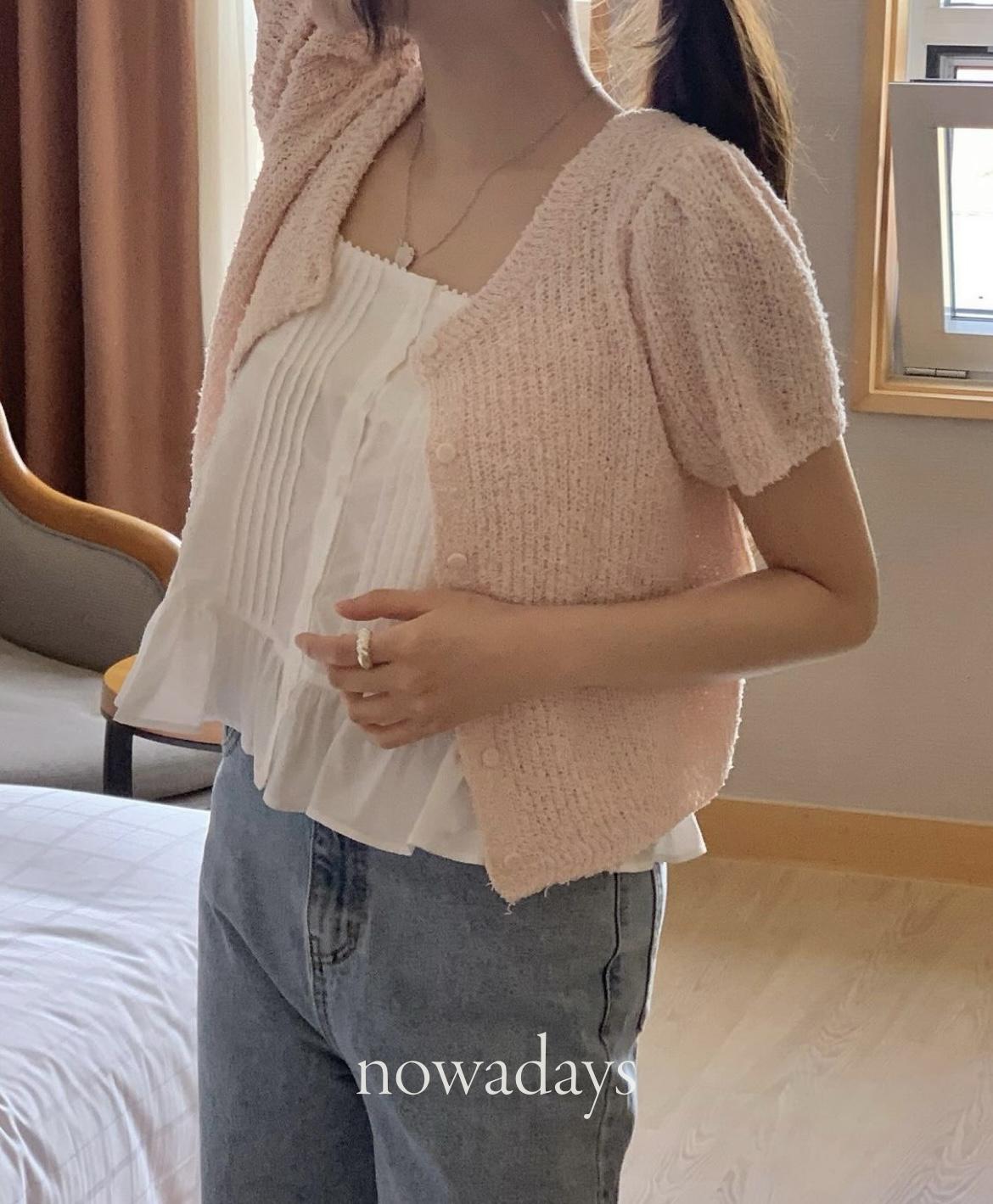 나우어데이즈 miel 미엘 조이 가디건 라운드 셔링 반팔 퍼프 여름 니트 크롭 cd (4col)