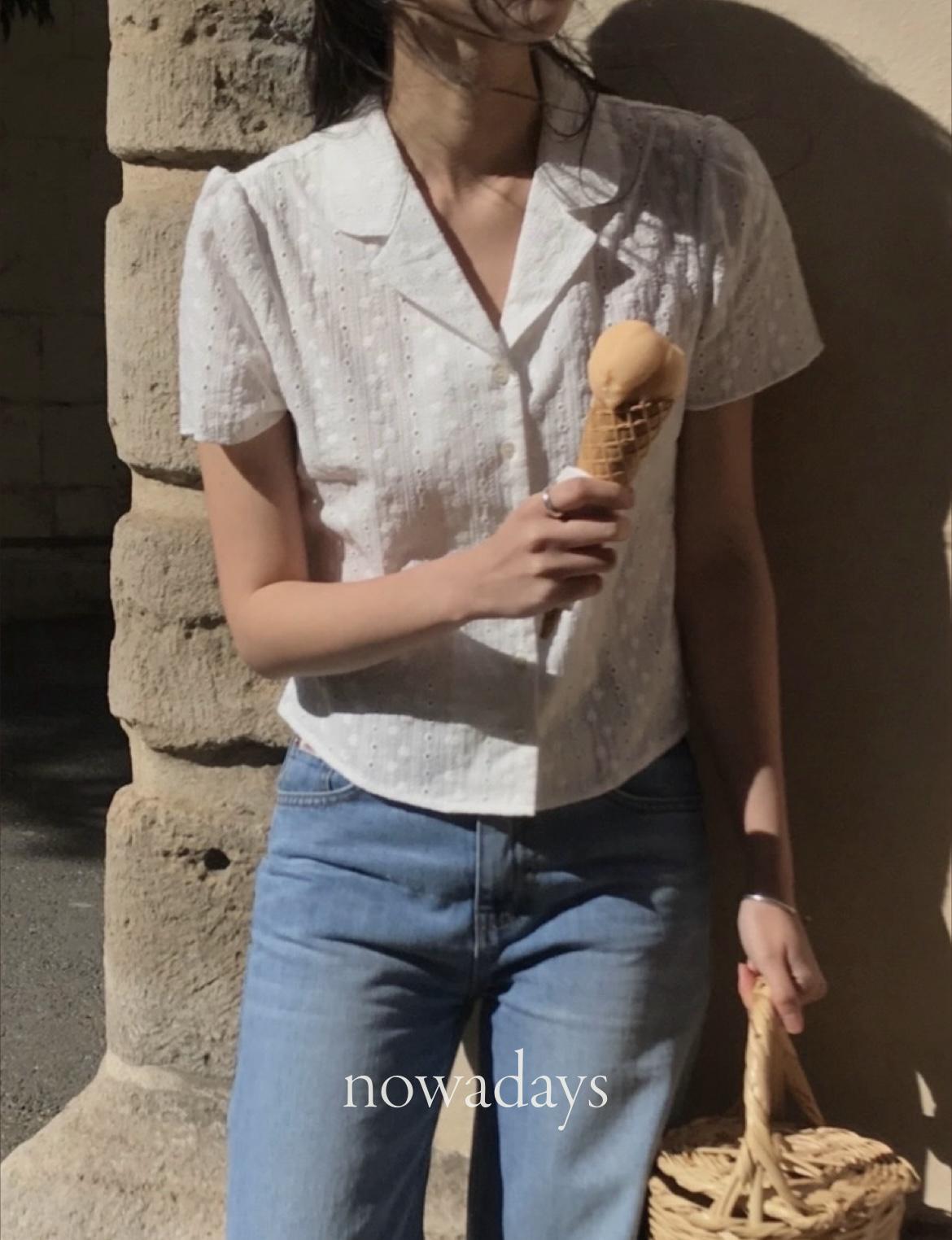 나우어데이즈 founders 파운더스 에떼 블라우스 코튼 반팔 오픈카라 체크 펀칭 bl (2col)