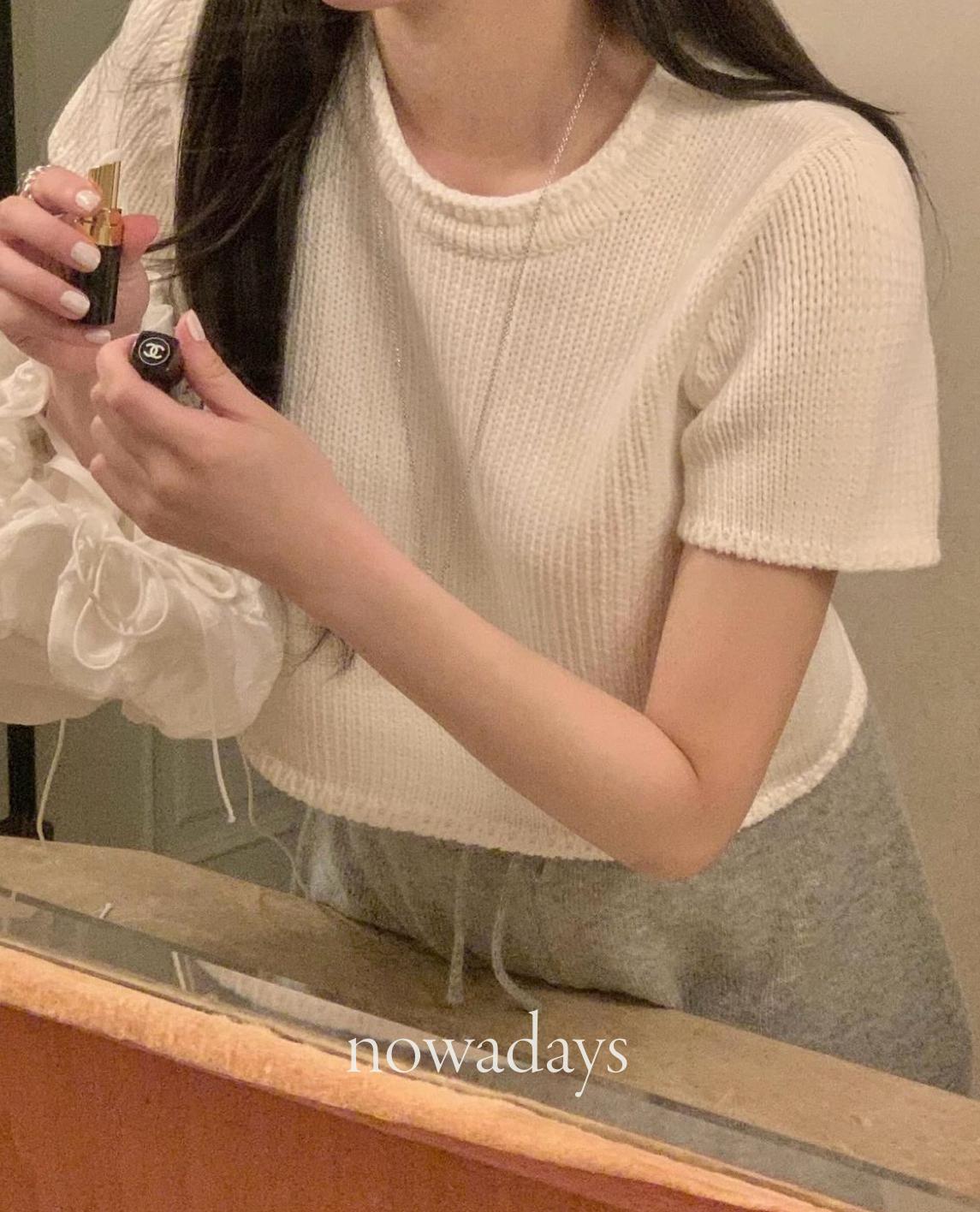 miel 미엘 빌리 크롭 니트 코튼 반팔 라운드 데일리 nt (3col)