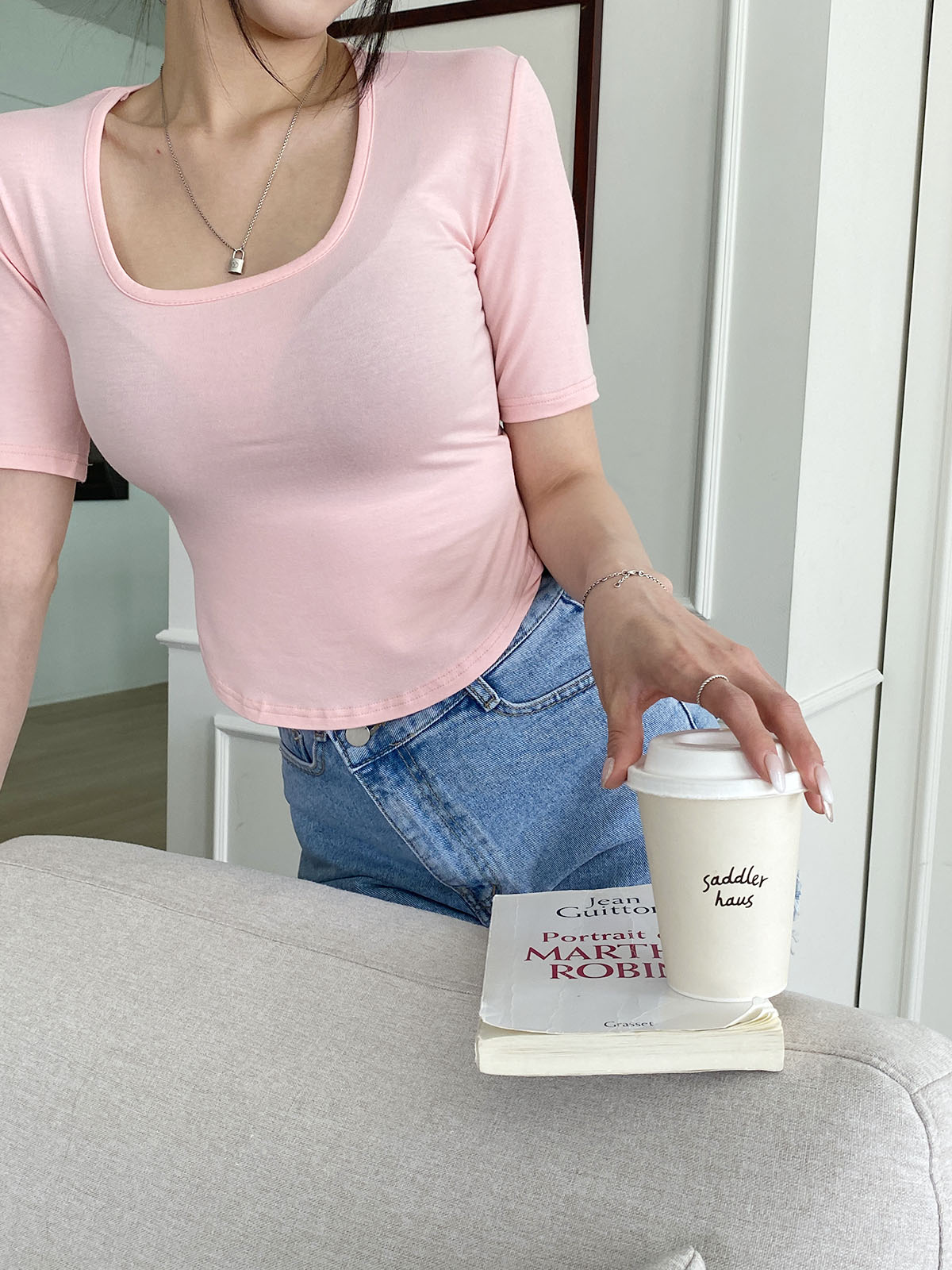 1+1 마카롱 섹시 U넥 시스루 슬림핏 스판 무지 요가 데일리룩 크롭 반팔티셔츠 4COL