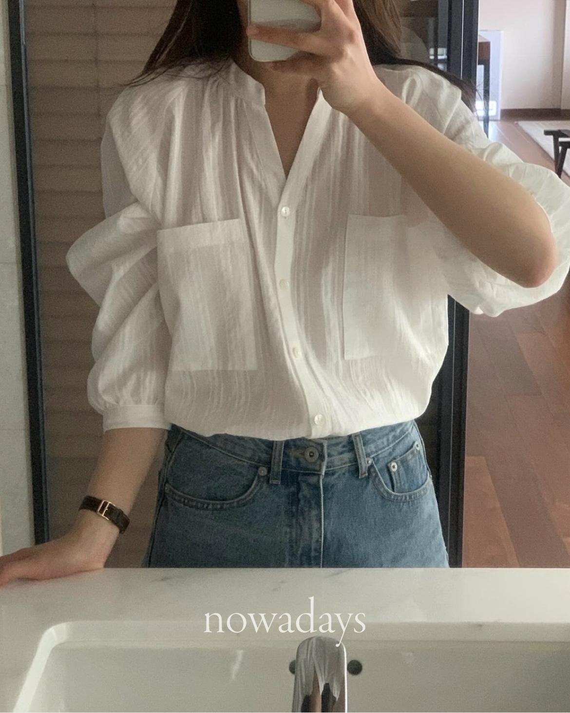 버베인 니스 브이넥 카라 블라우스 코튼 브이넥 포켓 긴팔 퍼프 bl (2col)