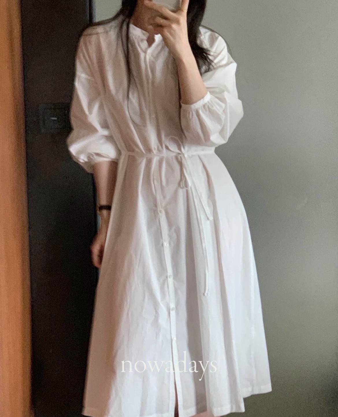 버베인 올리비아 코튼 원피스 라우드 긴팔 퍼프 셔링 스트랩 플레어 롱 ops (2col)