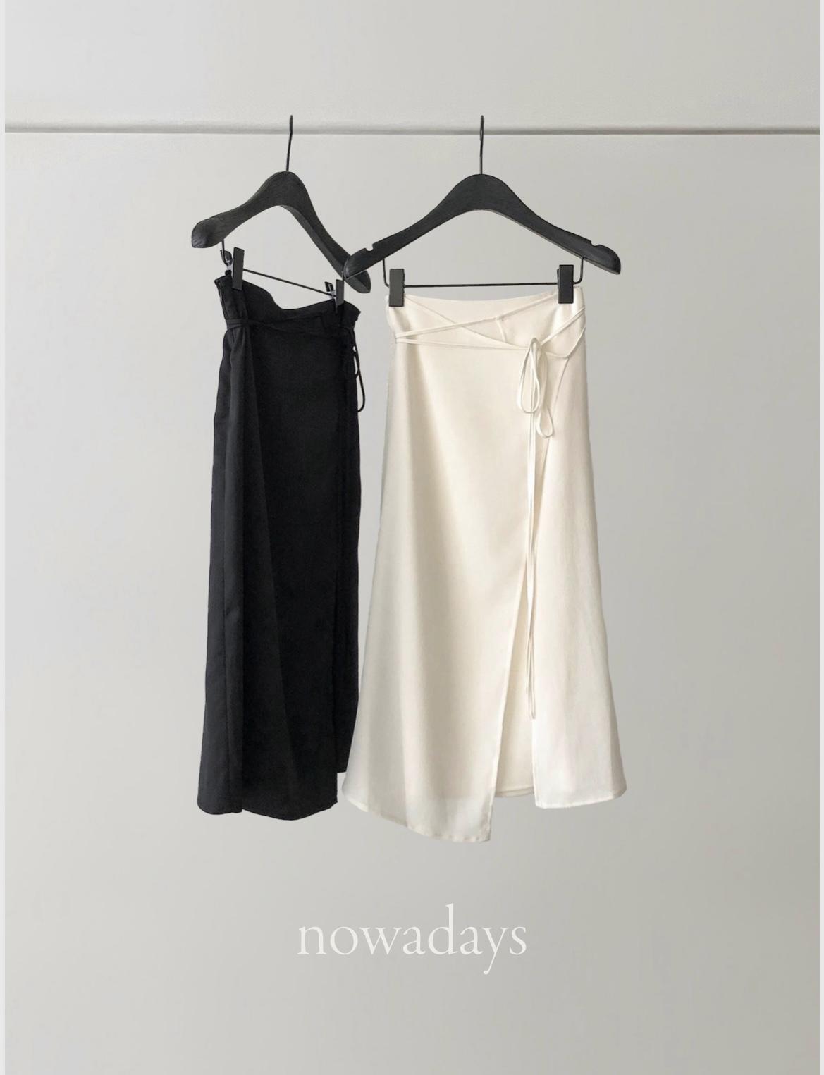 나우어데이즈 당일 / OUNCE 온스 더블 레이어드 샤틴 스커트 H라인 랩 미디 치마 (2col)