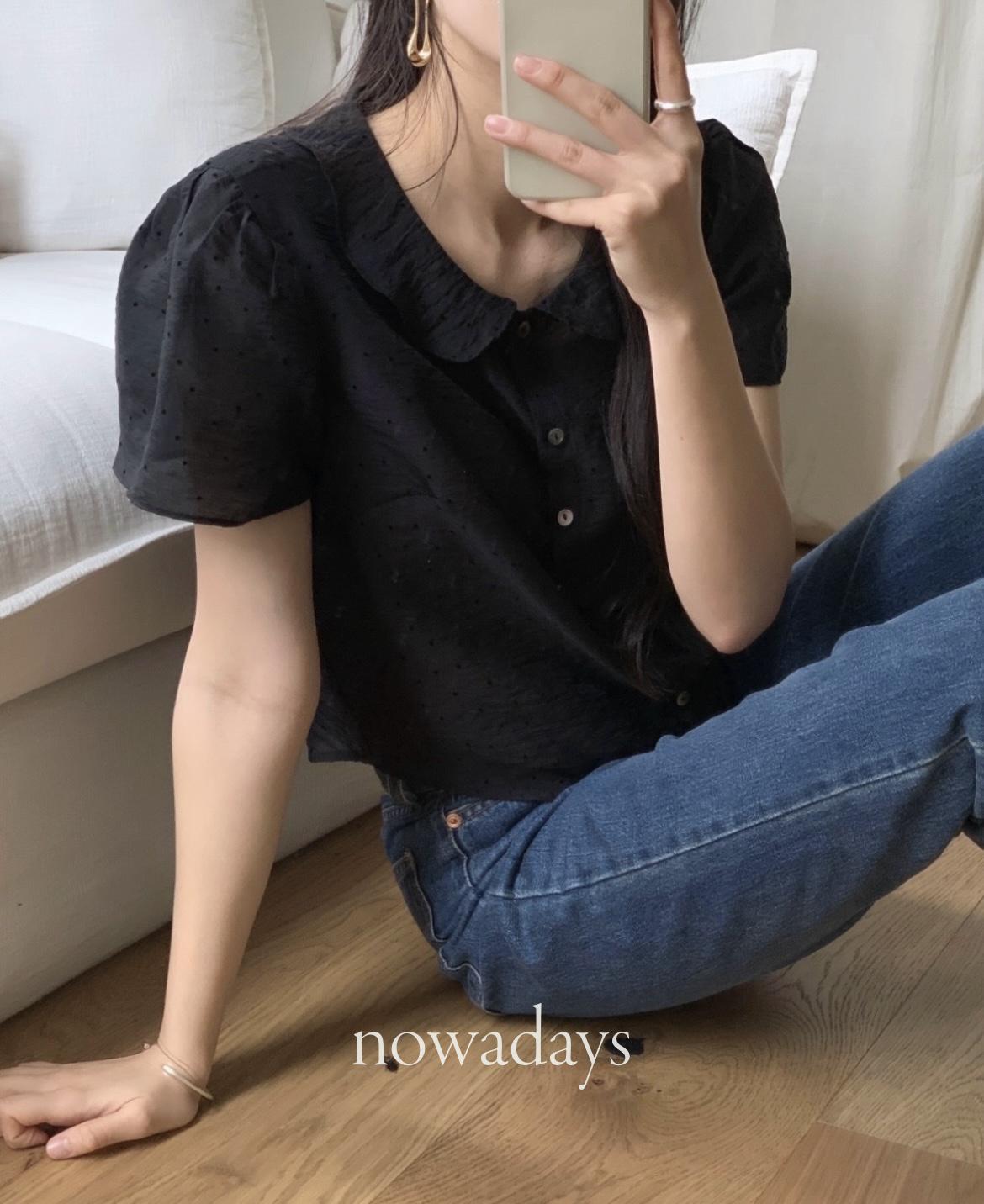 나우어데이즈 founders 파운더스 도트 플랫 블라우스 텐셀 반팔 라운드카라 크롭 bl (2col)