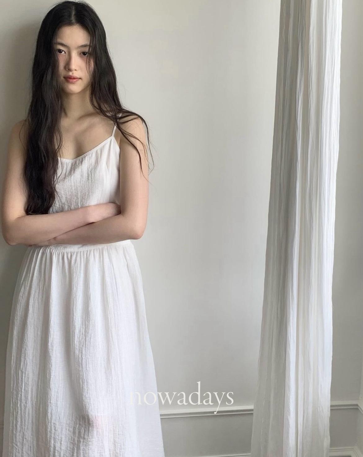 jinsim 진심 홀리네스 원피스 린넨 슬리브리스 A라인 레이어드 롱 ops (3col)