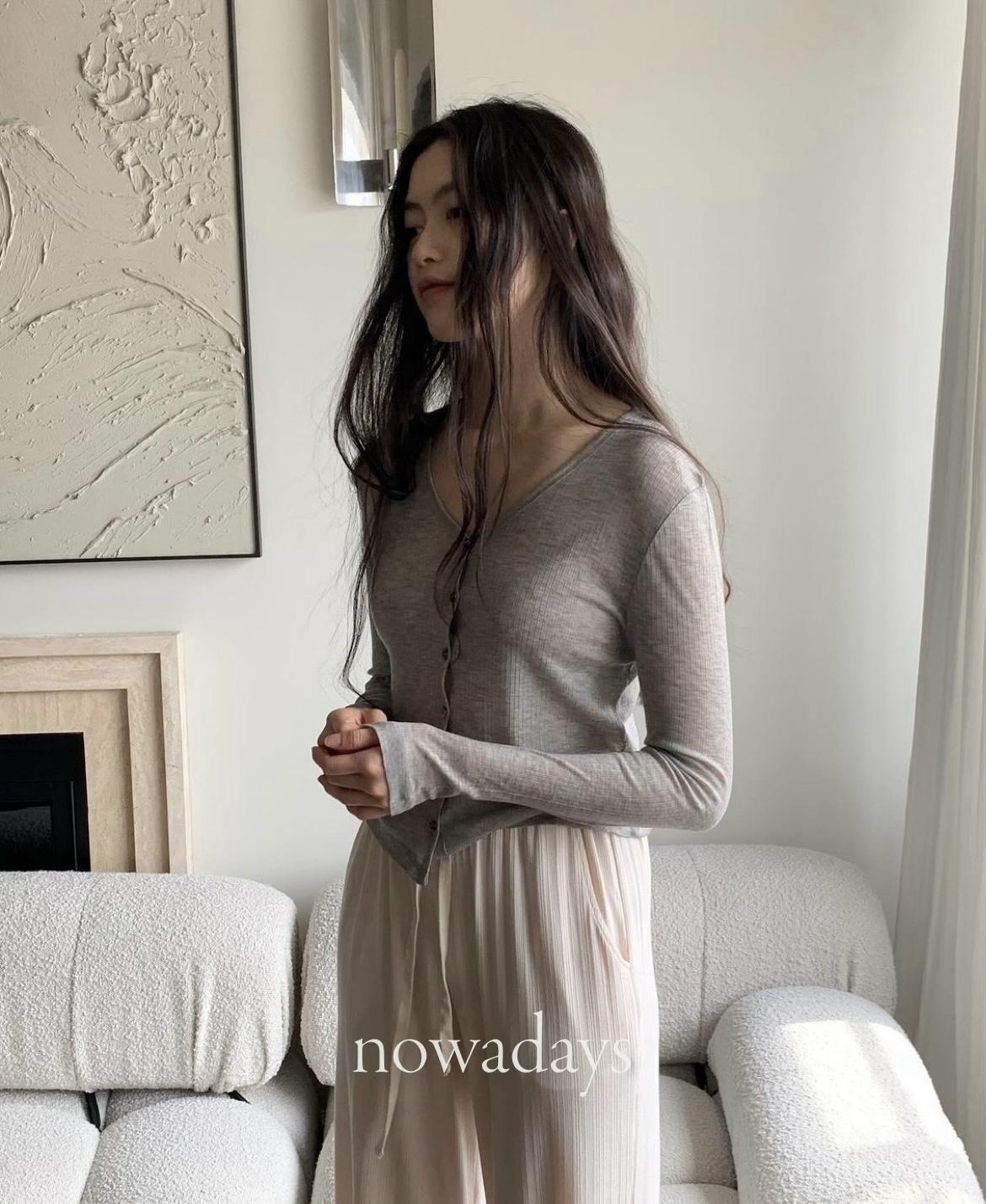 나우어데이즈 jinsim 진심 이보크 가디건 울 텐셀 긴팔 브이넥 시스루 니트 cd (5col)