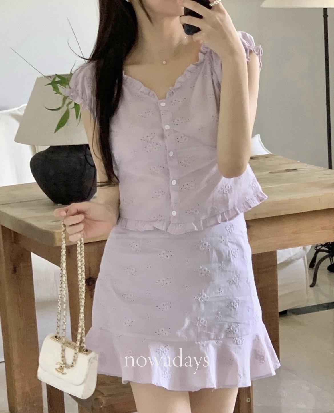 나우어데이즈 miel 미엘 스텔라 블라우스 프릴 펀칭 아일렛 브이넥 캡소매 여름 bl (3col)