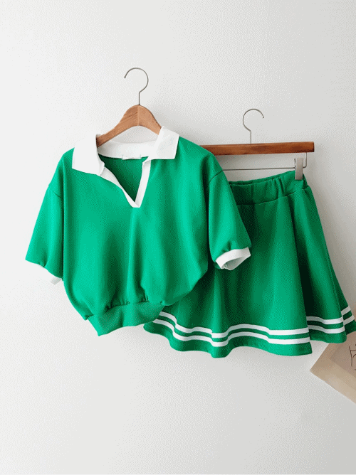 리케마켓 꾸안꾸set 귀여운 심플 배색 트임 카라넥 반팔티셔츠 맨투맨티셔츠 밴딩 미니스커트 치마바지 투피스세트 골프웨어 테니스룩 여름휴가 바캉스룩 치마세트 스커트세트