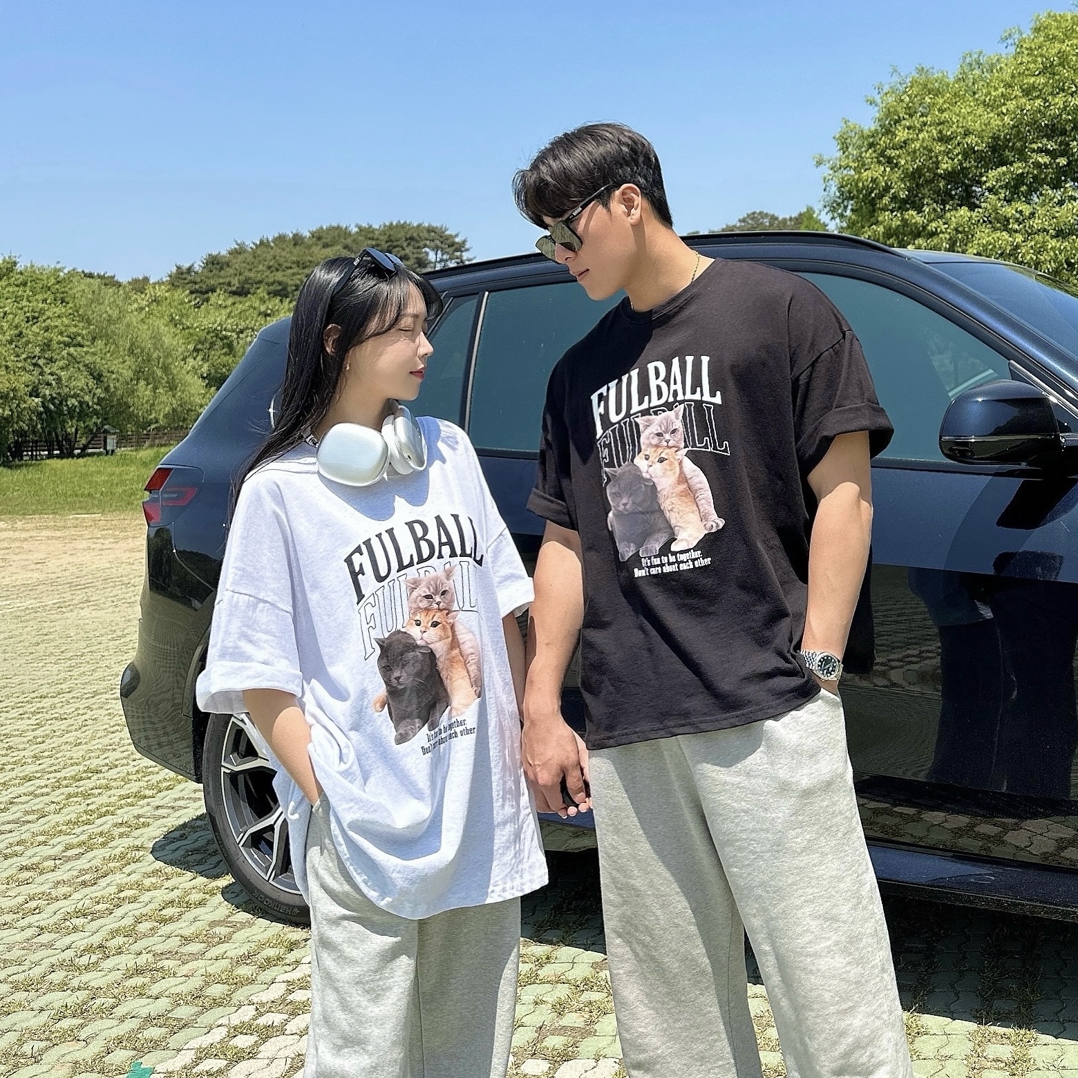 비바블 오버핏 고양이 남녀공용 반팔티 반팔 커플티 빅사이즈 여름 커플룩 데일리 박스티 데이트 시밀러룩 꾸안꾸 코디 커플 세트
