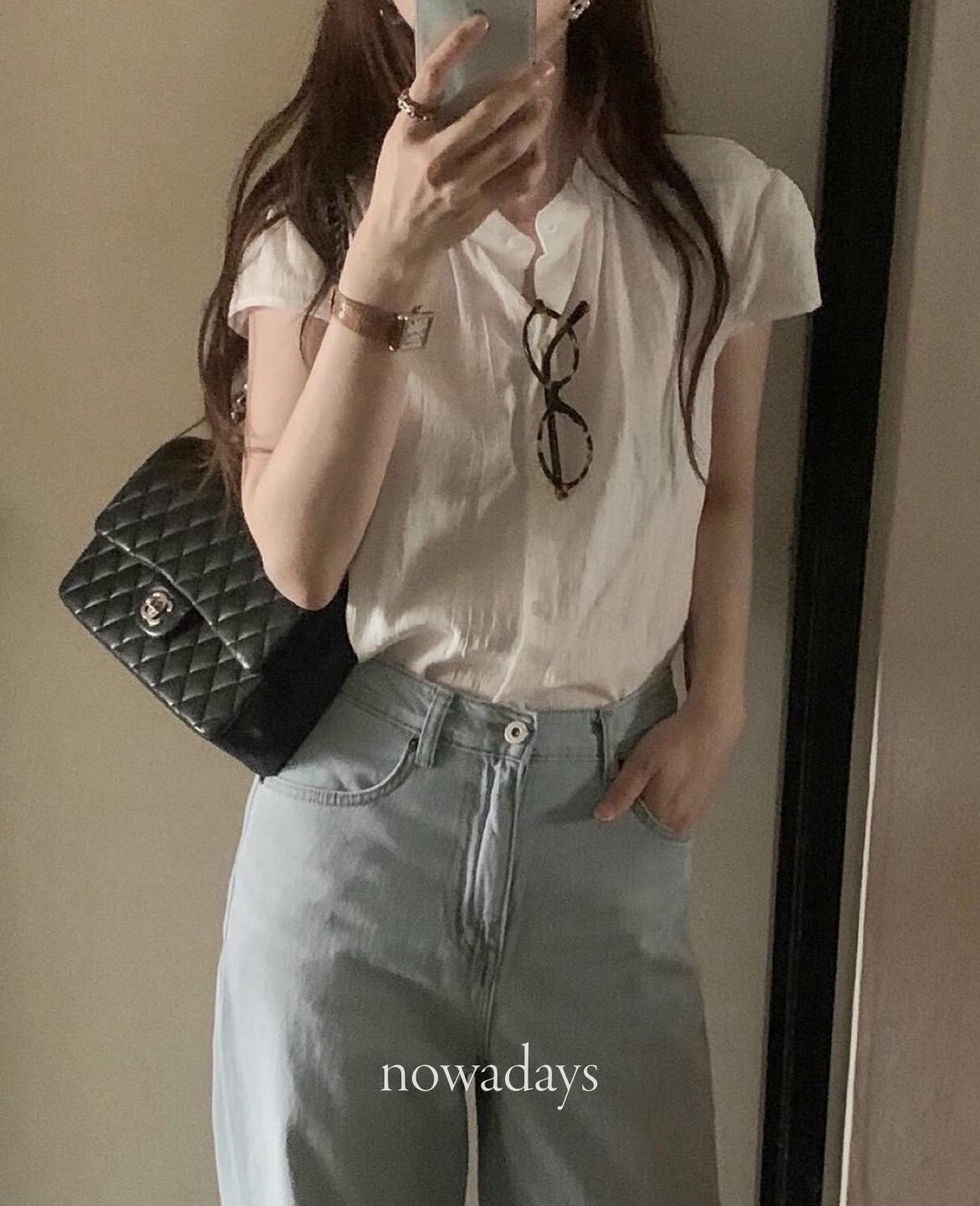 나우어데이즈 objet 오브제 데이지 블라우스 썸머 코튼 캡소매 라운드 셔링 bl (2col)