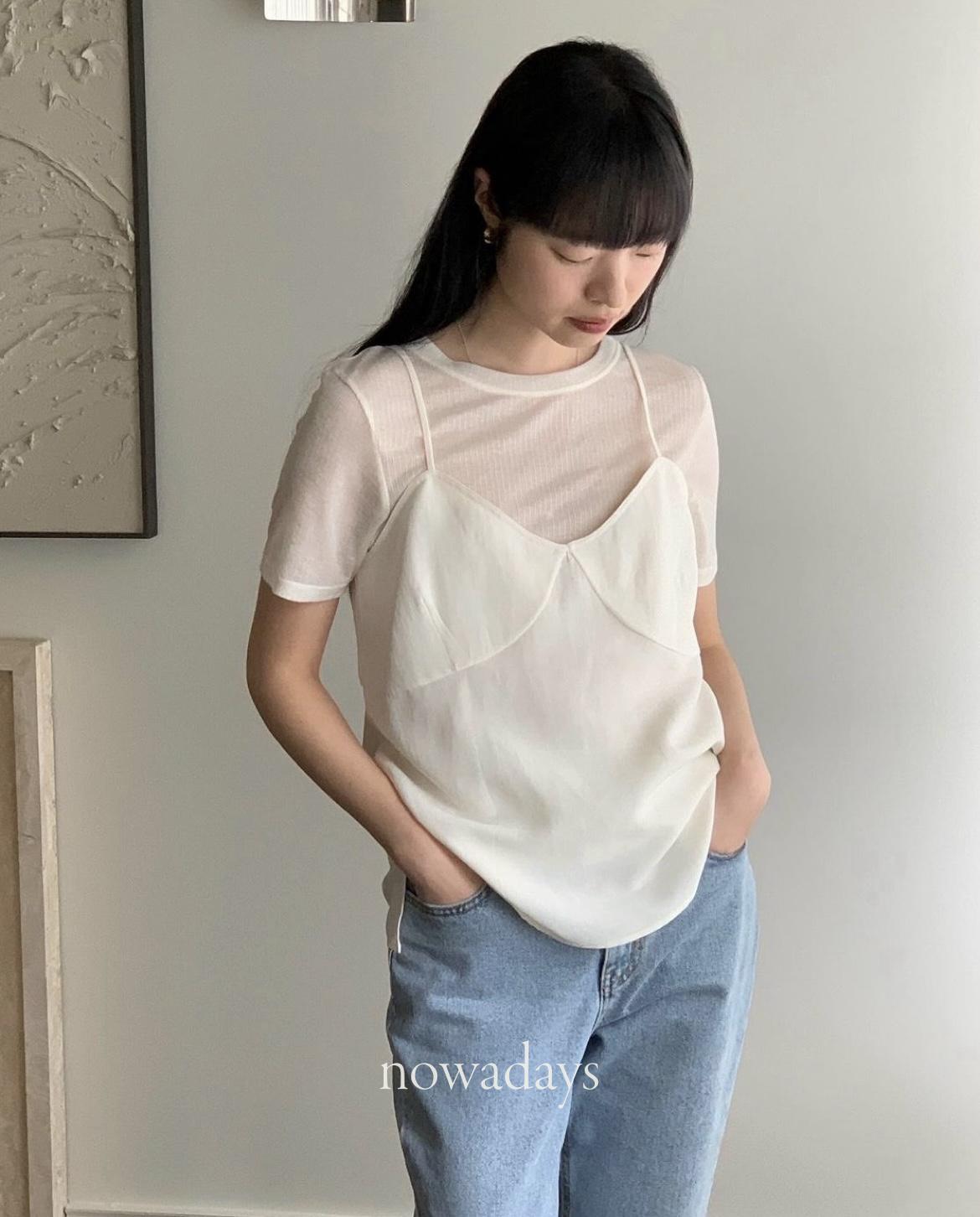 나우어데이즈 jinsim 진심 바바붐 뷔스티에 린넨 슬리브리스 브이넥 A라인 끈나시 탑 (3col)