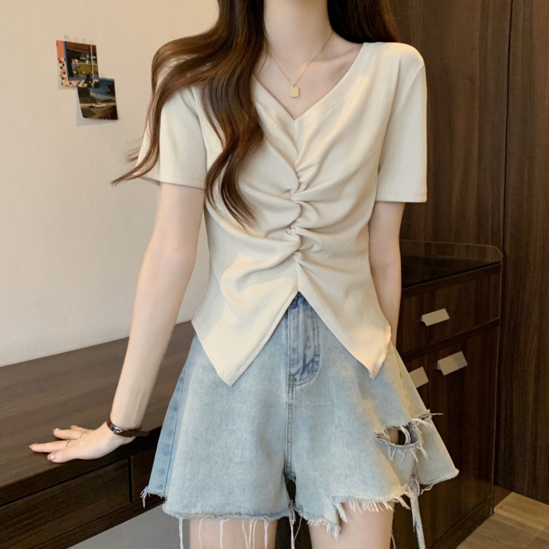 유투미월드 ♥당일 출고♥ 디자인 감각 V 넥 어깨 반 팔 T 셔츠 여성 여름 플러스 사이즈 뚱뚱한 Mm 허리 커버 배꼽 얇고 불규칙한 슬릿 상판