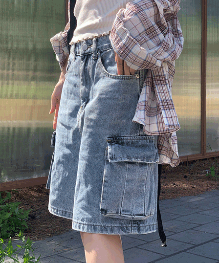 느루 [당일배송/3size/최저가 단독진행] 카고 버뮤다 y2k 빈티지 유니크 데님 하프팬츠 청반바지