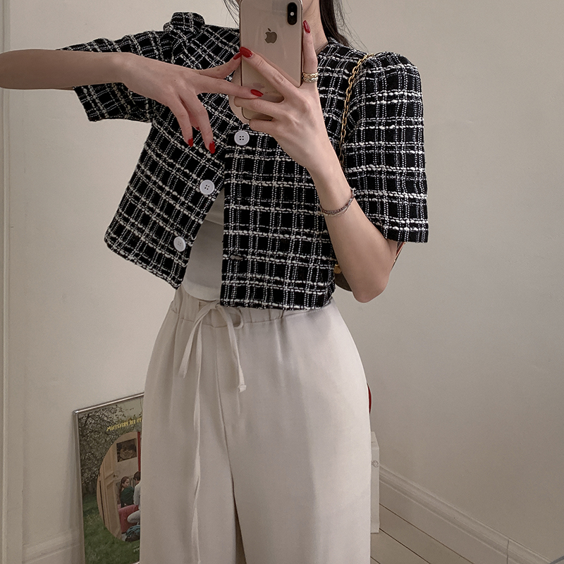 홀리 고급미🖤어깨패드 키론 체크 트위드 여름 반팔 자켓 크롭 직각어깨핏 블라우스 노카라 라운드넥 포인트 하객룩 격식룩 포멀 베이직