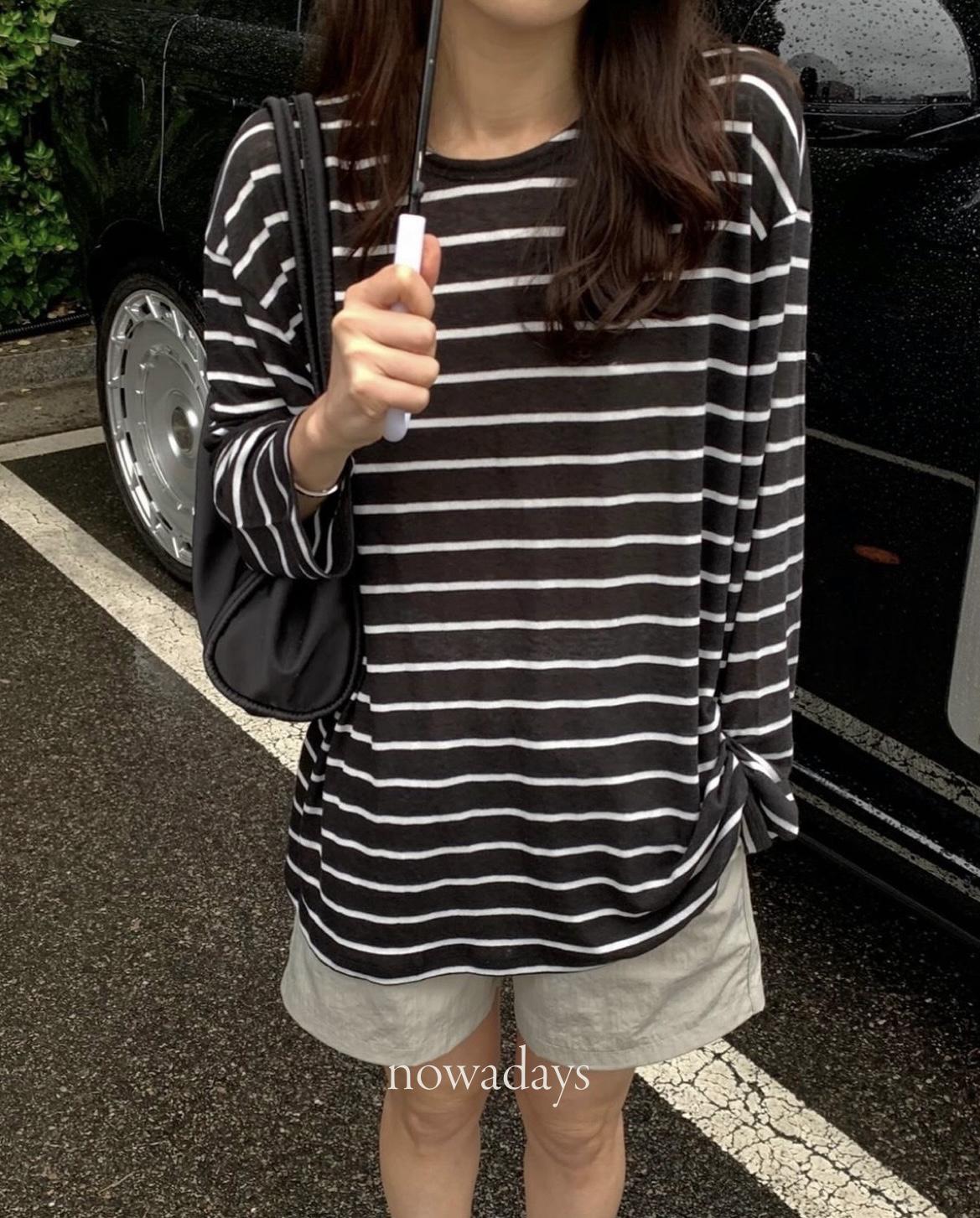 나우어데이즈 BR 세인트 티셔츠 썸머 린넨 스트라이프 긴팔 라운드 단가라 t (3col)