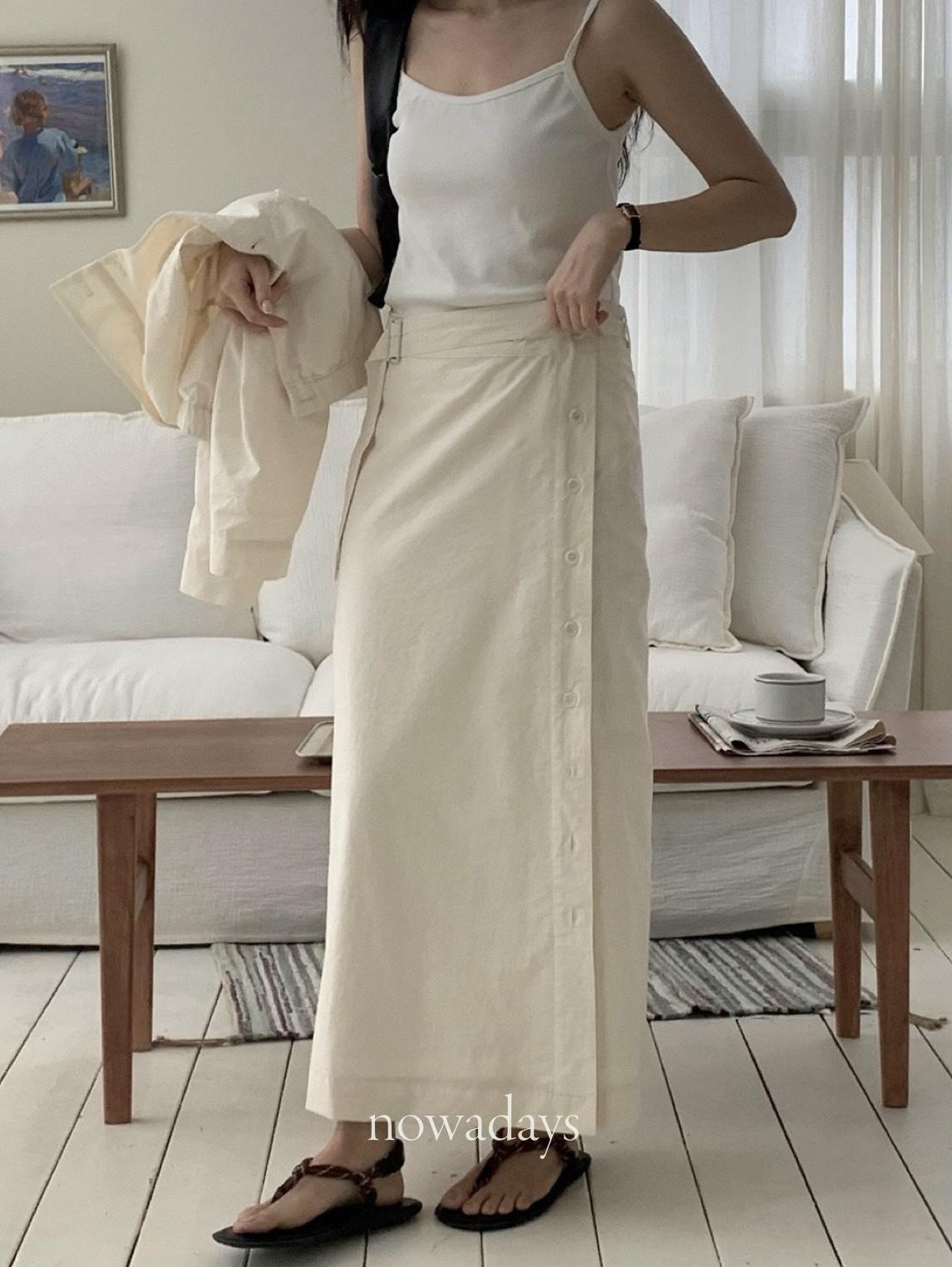 나우어데이즈 크림,검 당일 / 베르가못 프레피 스커트 썸머 코튼 H라인 벨티드 롱 치마 (2col)