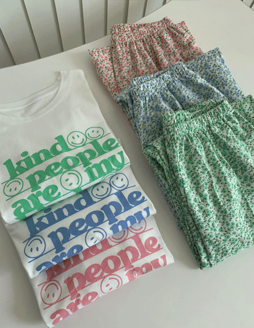 마일드문 (3color)스마일 플라워 파자마 팬츠 긴바지 잠옷 바지 홈웨어 티셔츠 세트