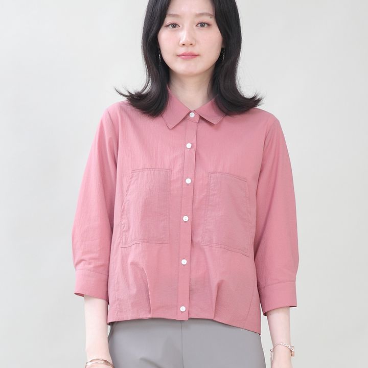 포스티 씨어써커 지지미 카라 단추 오픈 주머니 여성 봄 여름 칠부 셔츠 남방 블라우스 B06425