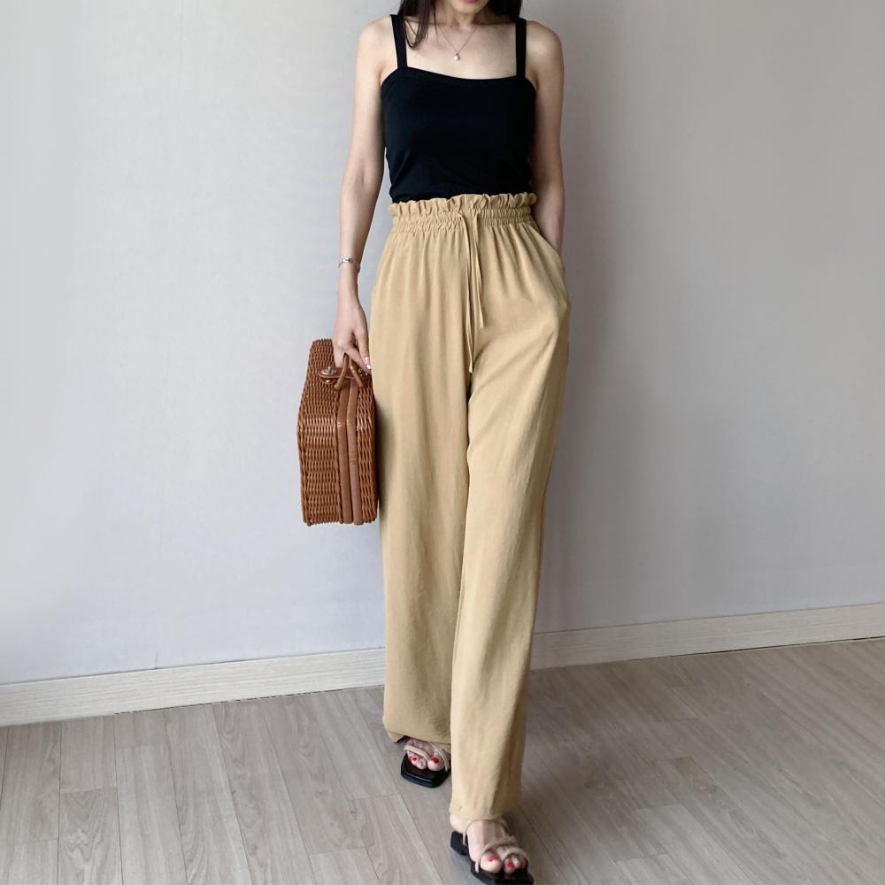 로이스제이 하체 완벽커버 린넨 와이드팬츠 빅사이즈까지 냉장고 바지 얇고 시원한 여름 밴딩팬츠 하체 비만 완벽 커버 블랙 베이지 카키 노랑 와이드한 핏감 허리 프릴 도톰한 밴딩