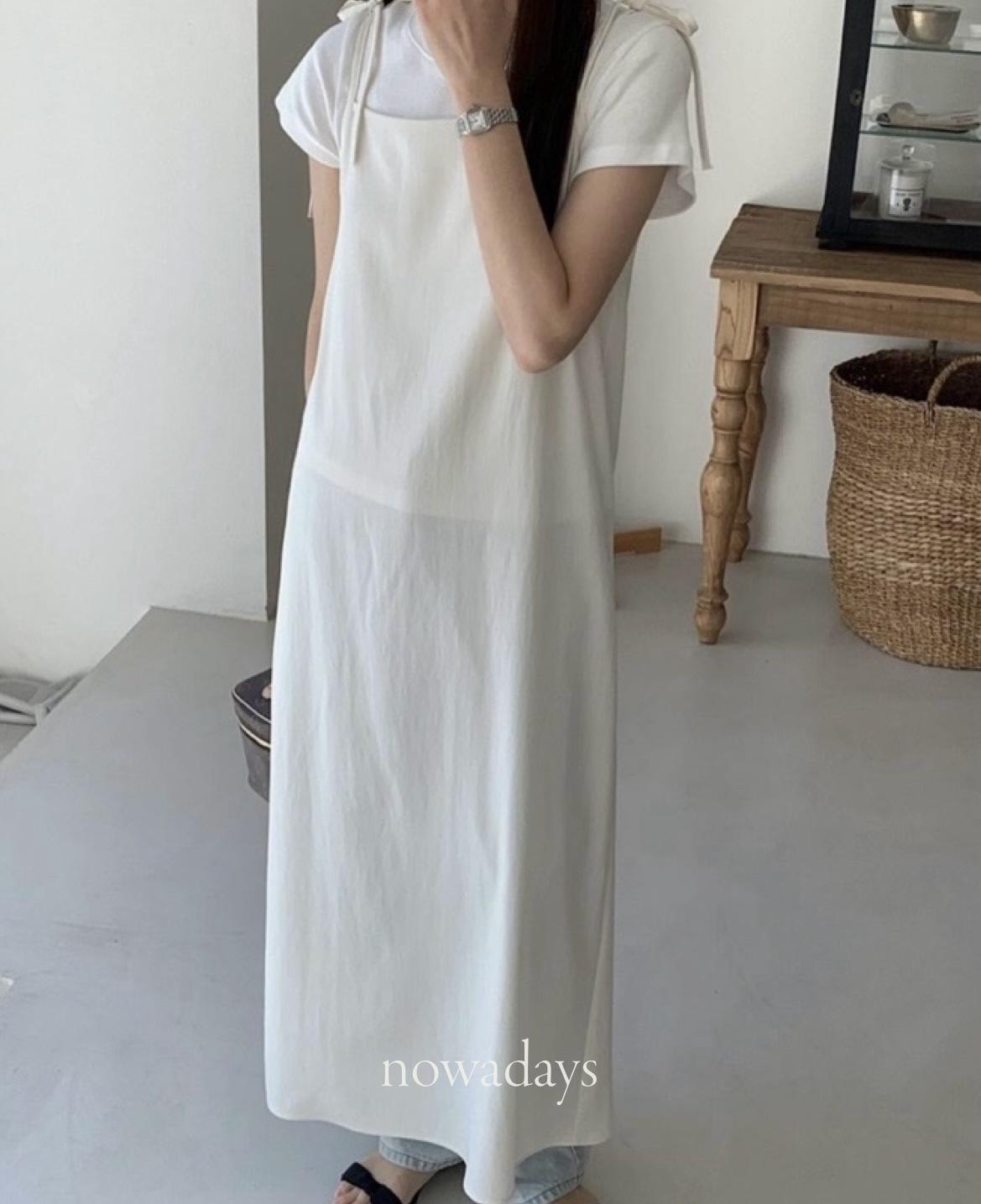 나우어데이즈 monique 모니크 스트랩 롱 원피스 리본 스퀘어넥 레이어드 맥시 ops (2col)