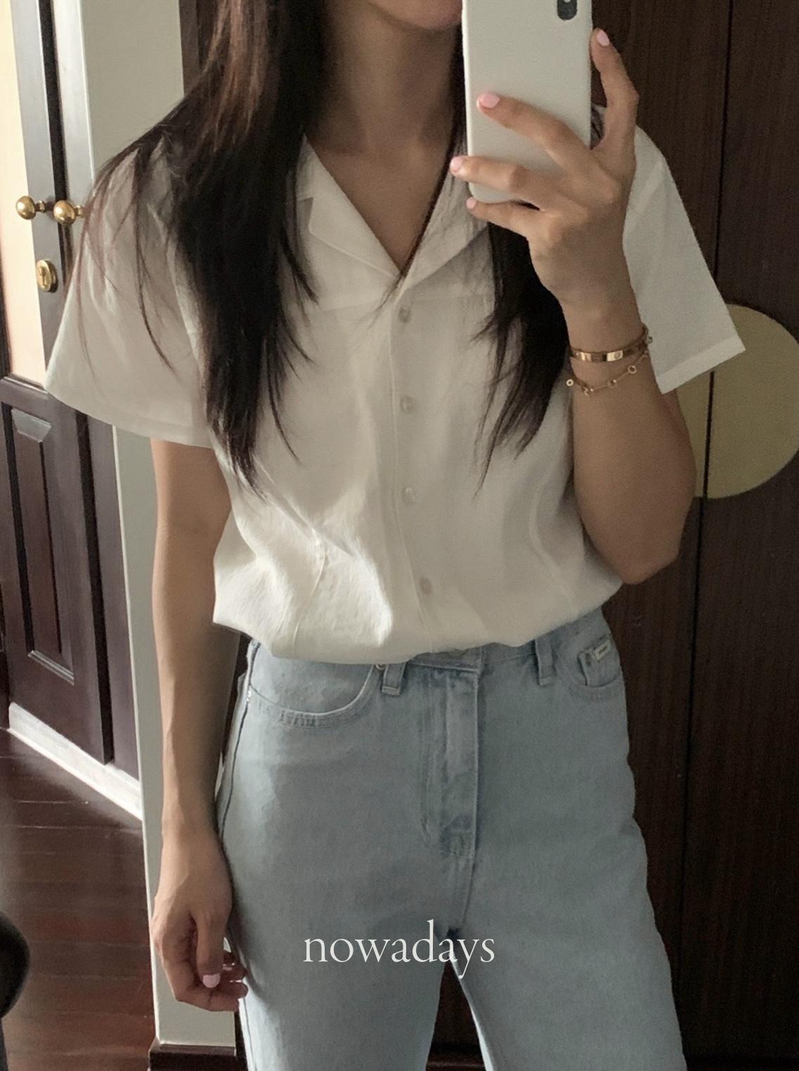 나우어데이즈 underson 언더슨 타일러 블라우스 코튼 반팔 오픈카라 bl (2col)