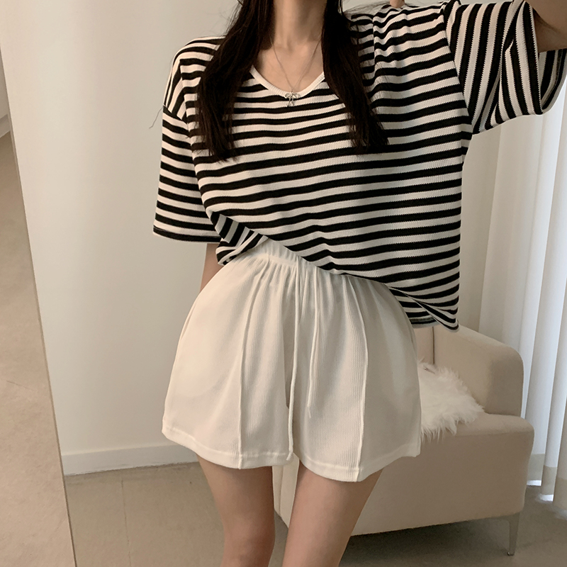 홀리 세트가격 휘뚤마뚤왕편해 와플 스트라이프 반팔티밴딩 숏팬츠set 라운드넥 오버핏 오버핏반팔 루즈핏 하이웨스트 트레이닝 꾸안꾸 홈웨어 파자마 와플소재 봄 여름