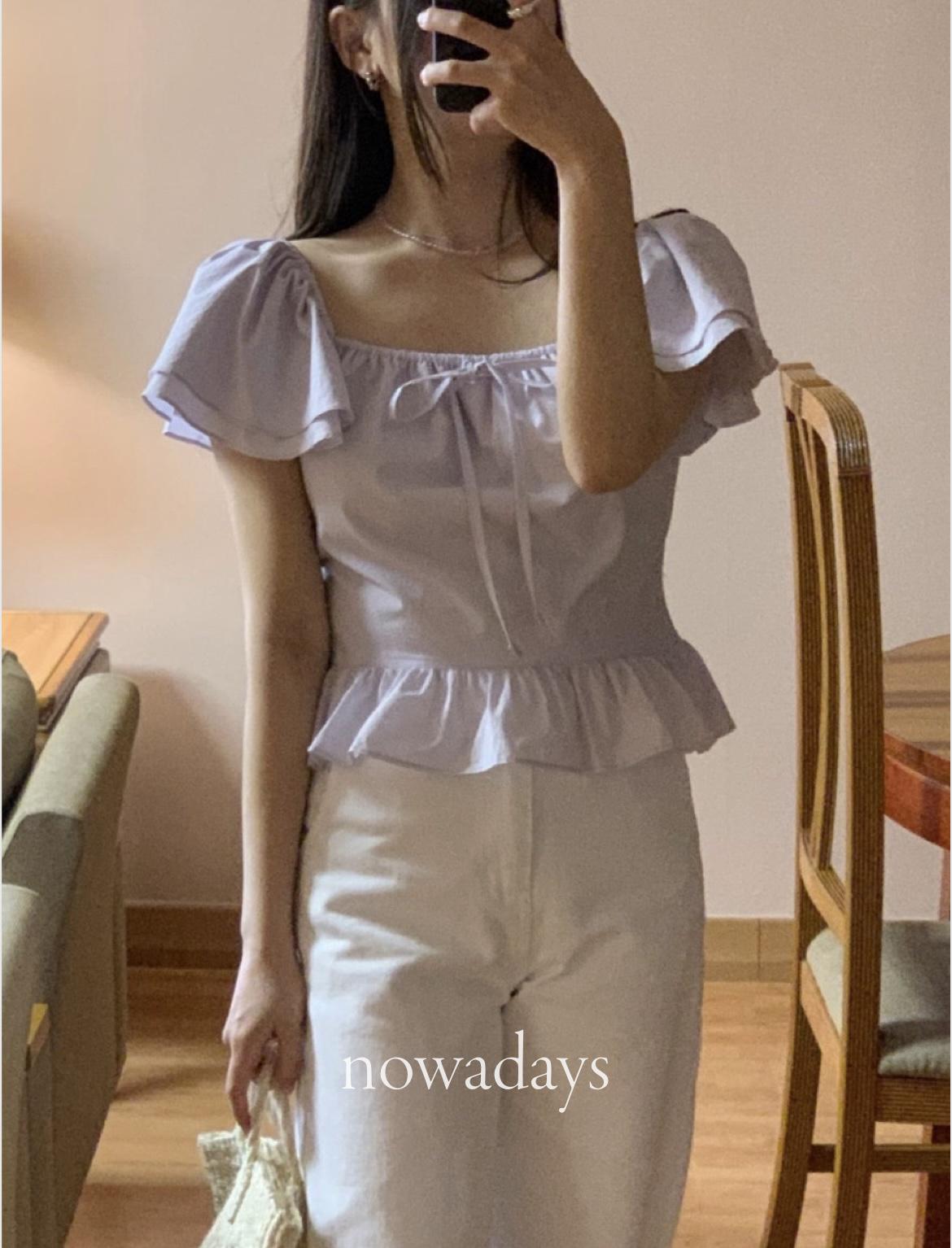 나우어데이즈 miel 미엘 발레리 블라우스 코튼 반팔 스퀘어넥 셔링 날개 프릴 bl (3col)