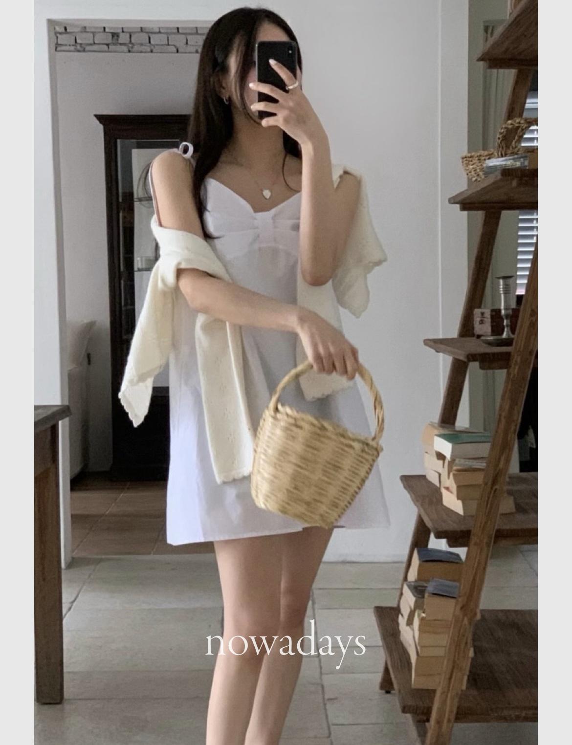 나우어데이즈 miel 미엘 모스 원피스 코튼 슬리브리스 브이넥 리본 나시 미니 ops (2col)