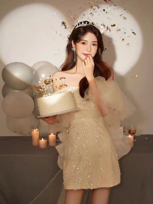 로즈엘레이디 화이트 스팽글 쉬폰 프릴 오프 숄더 웨딩 기념일 브라이덜 파티 공연 공주 드레스