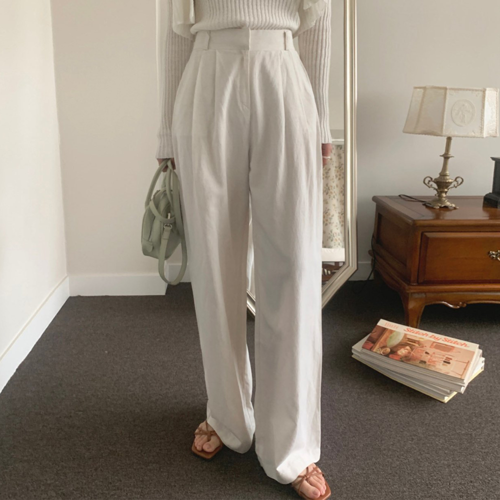 디어에이치 하이웨스트 린넨 와이드 팬츠 여름 뒷밴딩 슬랙스 핀턱 여름 바지 여자 슬랙스 통바지