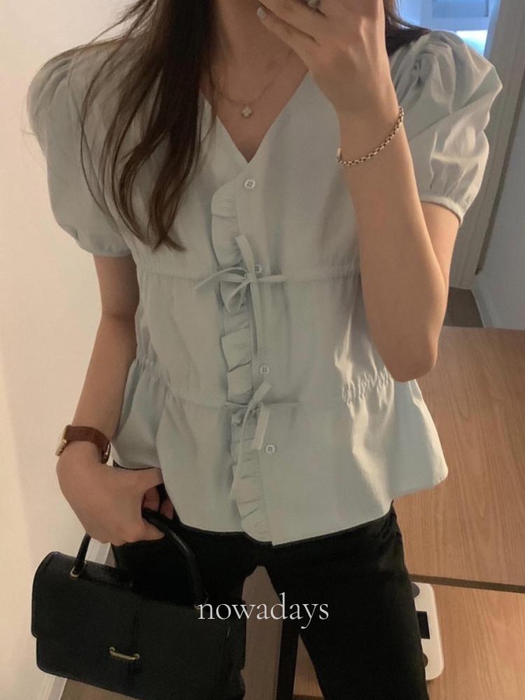 나우어데이즈 프리러브 비니 블라우스 코튼 반팔 브이넥 스트링 크롭 bl (2col)