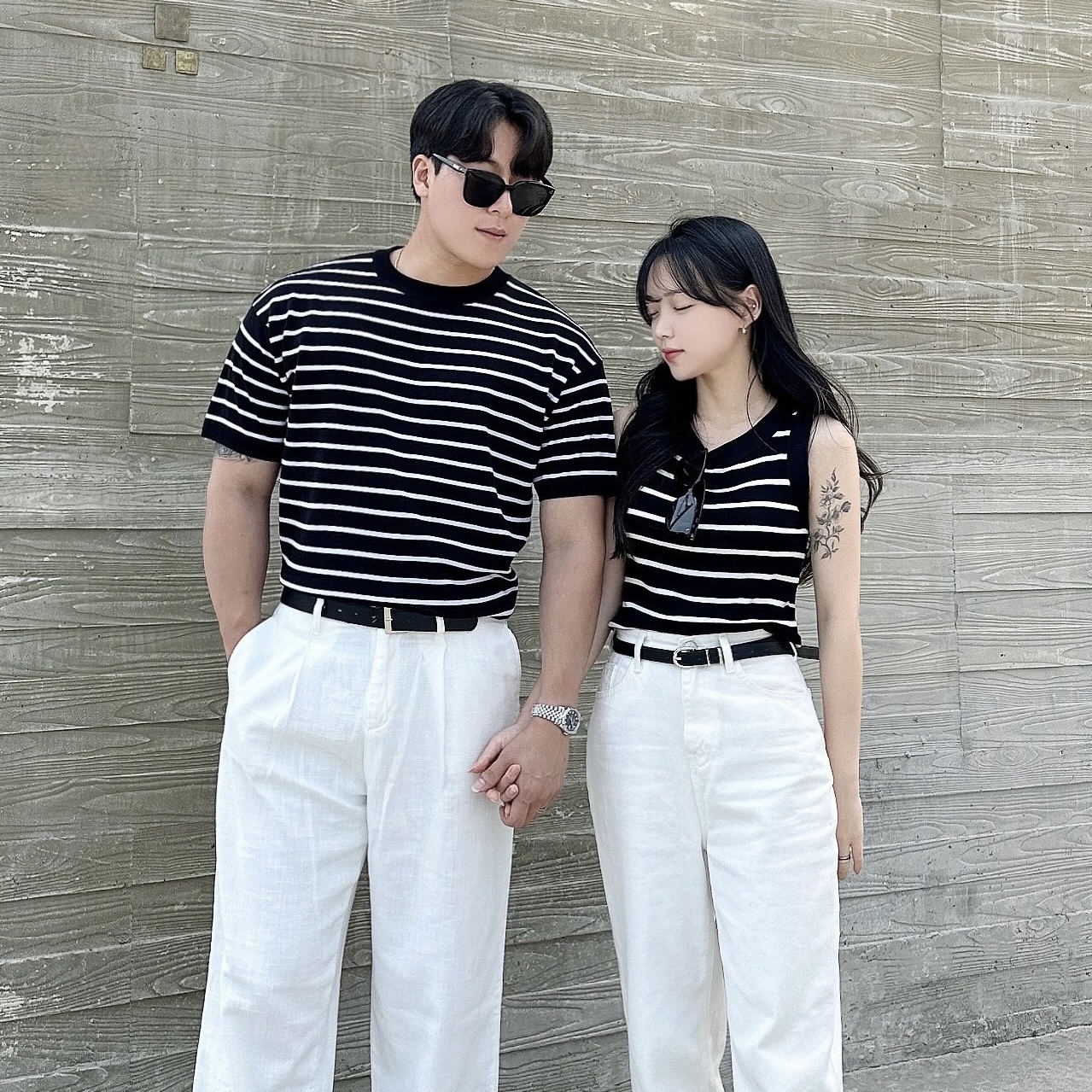 비바블 나시and반팔 커플 시밀러룩 단가라 나시 반팔 니트 여름 커플룩 홀터넥 나시 스트라이프 코디 세트 꾸안꾸 데일리 슬림 슬림핏 바다 여행 휴양지룩 휴가룩 데이트 오버핏