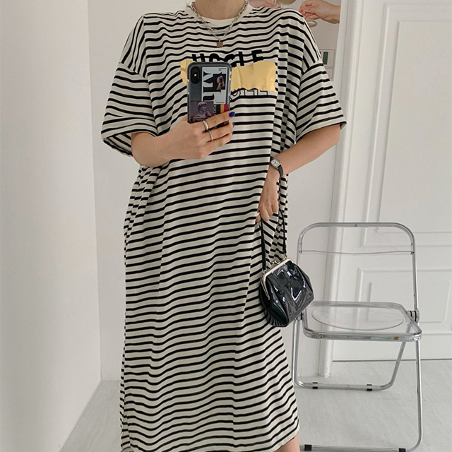 다미님 3컬러 반팔 롱원피스 스트라이프 라운드넥 유넥 벌룬 퍼프 스판 레터링 프린팅 캐주얼 귀여운 잠옷 빅사이즈 임산부 임부복 하객룩 밑단 트임 컷팅 큰옷 결혼식 기본