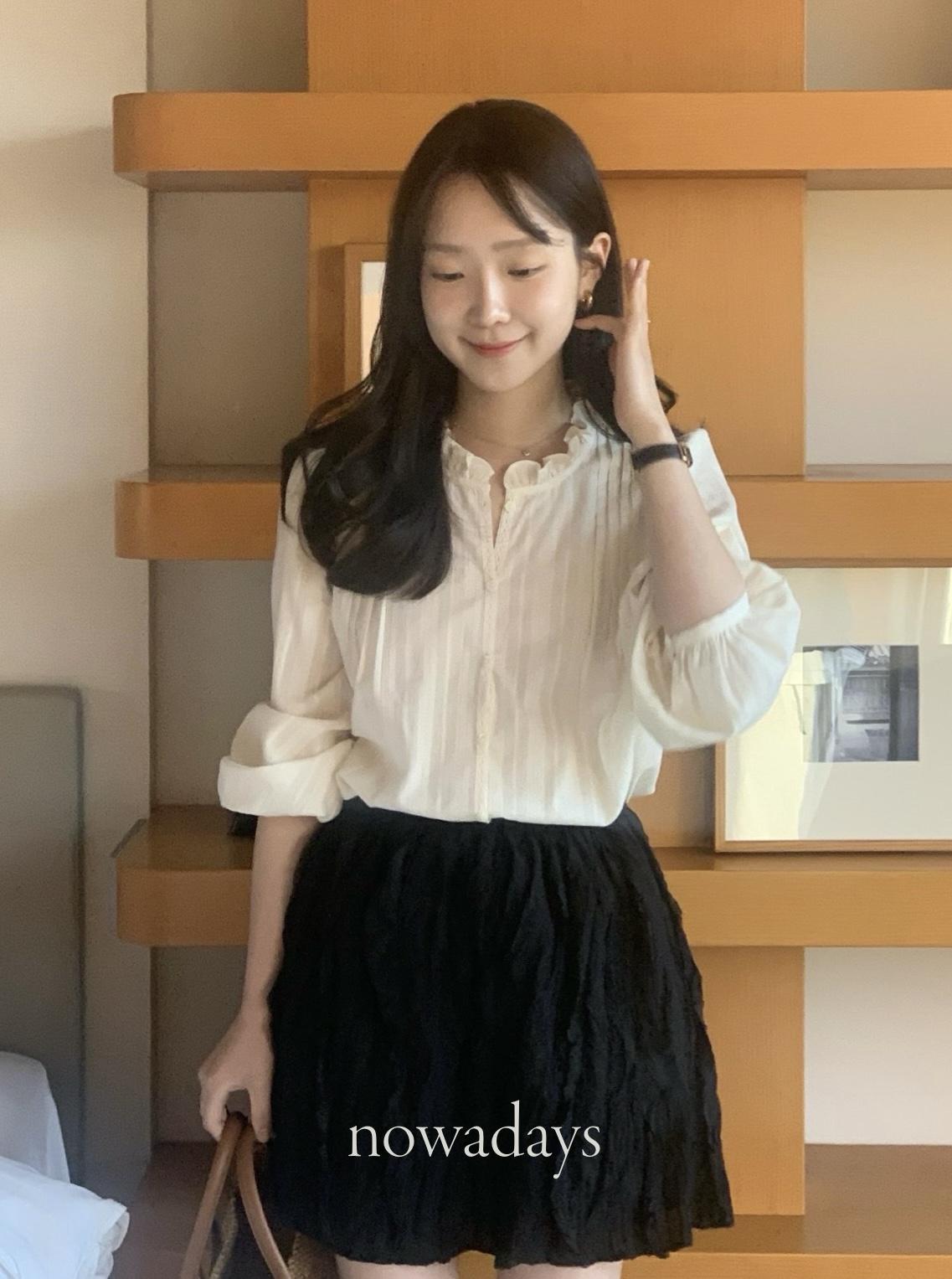 나우어데이즈 버베인 캐롤 핀턱 퍼프 블라우스 코튼 긴팔 프릴 bl (2col)