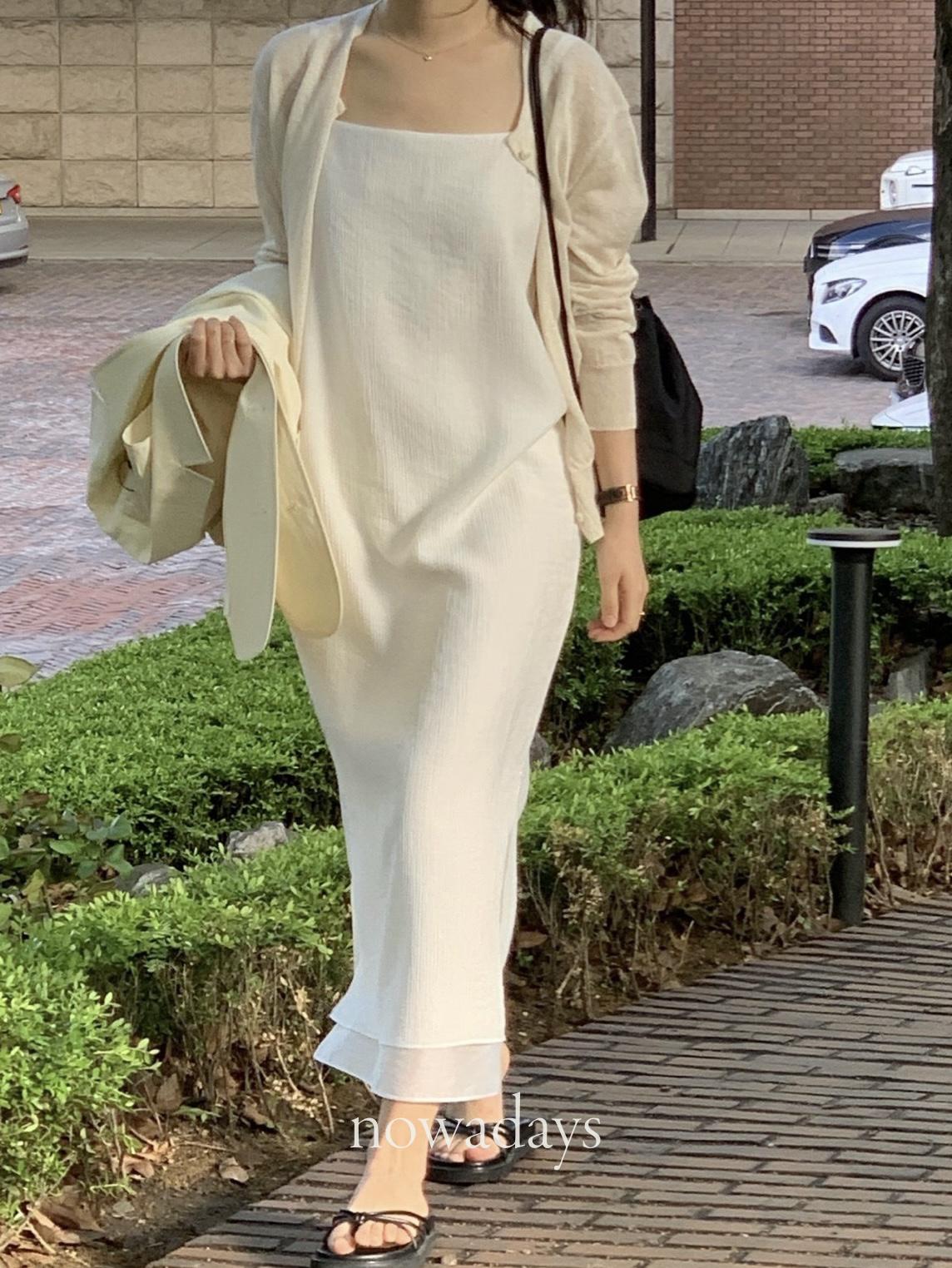 나우어데이즈 버베인 파운드 레이어드 끈 원피스 슬리브리스 H라인 롱 ops (2col)