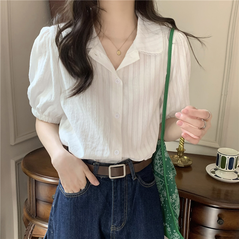 비블랑 특가🎁퍼프슬리브 레이스카라 반팔블라우스 벌룬소매 셔링 셔츠블라우스 여름블라우스 러블리 로맨틱블라우스 데이트룩 여친룩 출근