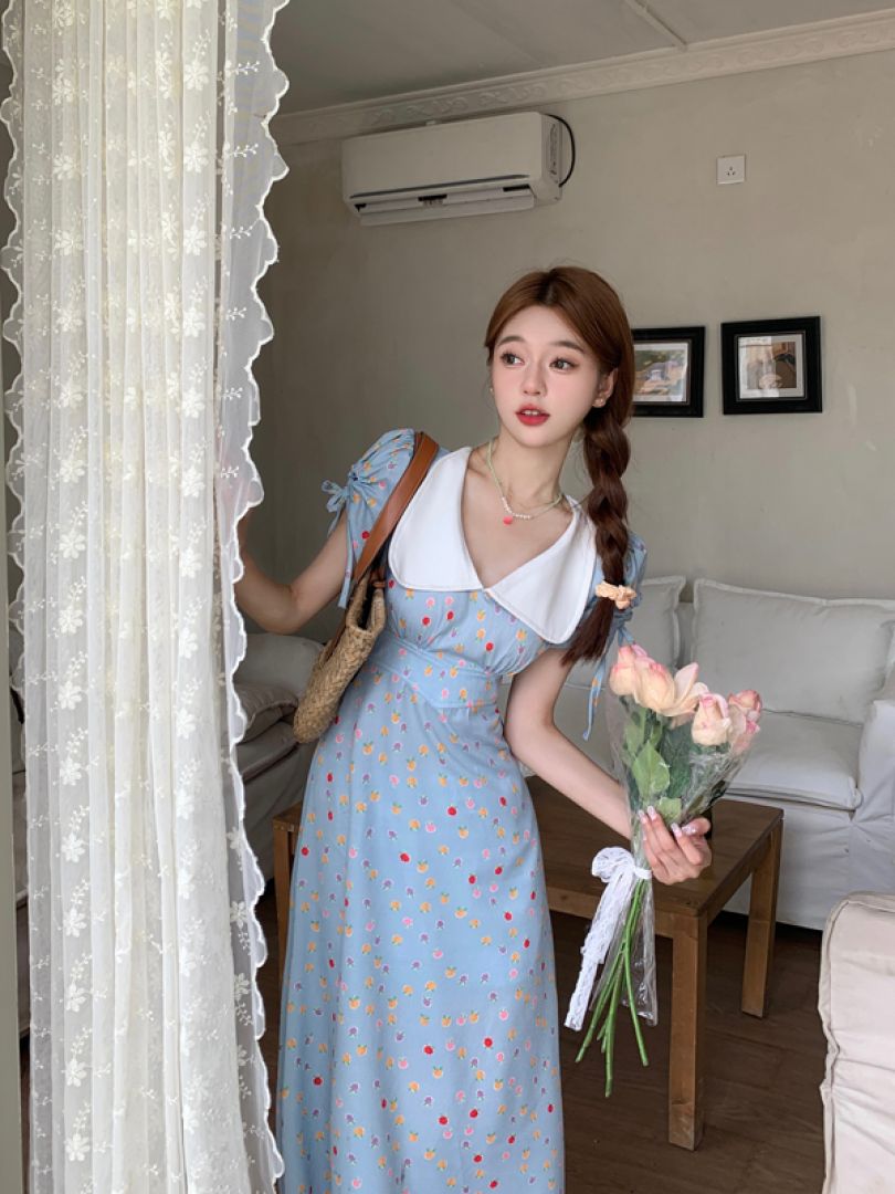 유투미월드 ♥당일 출고♥ 작은 신선한 플러스 사이즈 인형 칼라 짧은 소매 드레스 여성 여름 하이 웨이스트 긴 프랑스 부드러운 첫사랑 치마