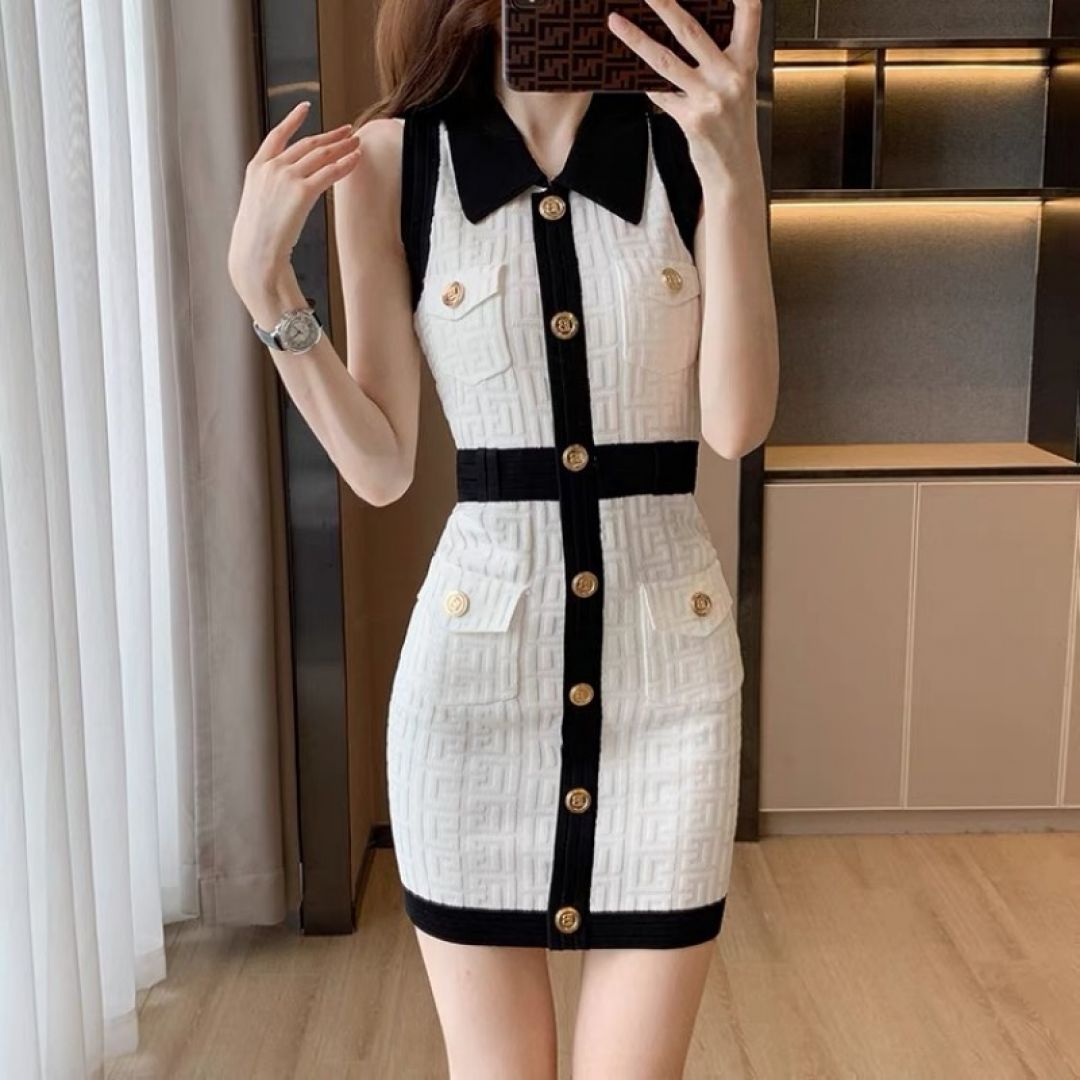 유투미월드 ♥당일 출고♥ 작은 향수 프랑스 고급 민소매 드레스 여름 여성의 새로운 허리 꼬집기 얇은 홍콩 맛 엉덩이 짧은 치마