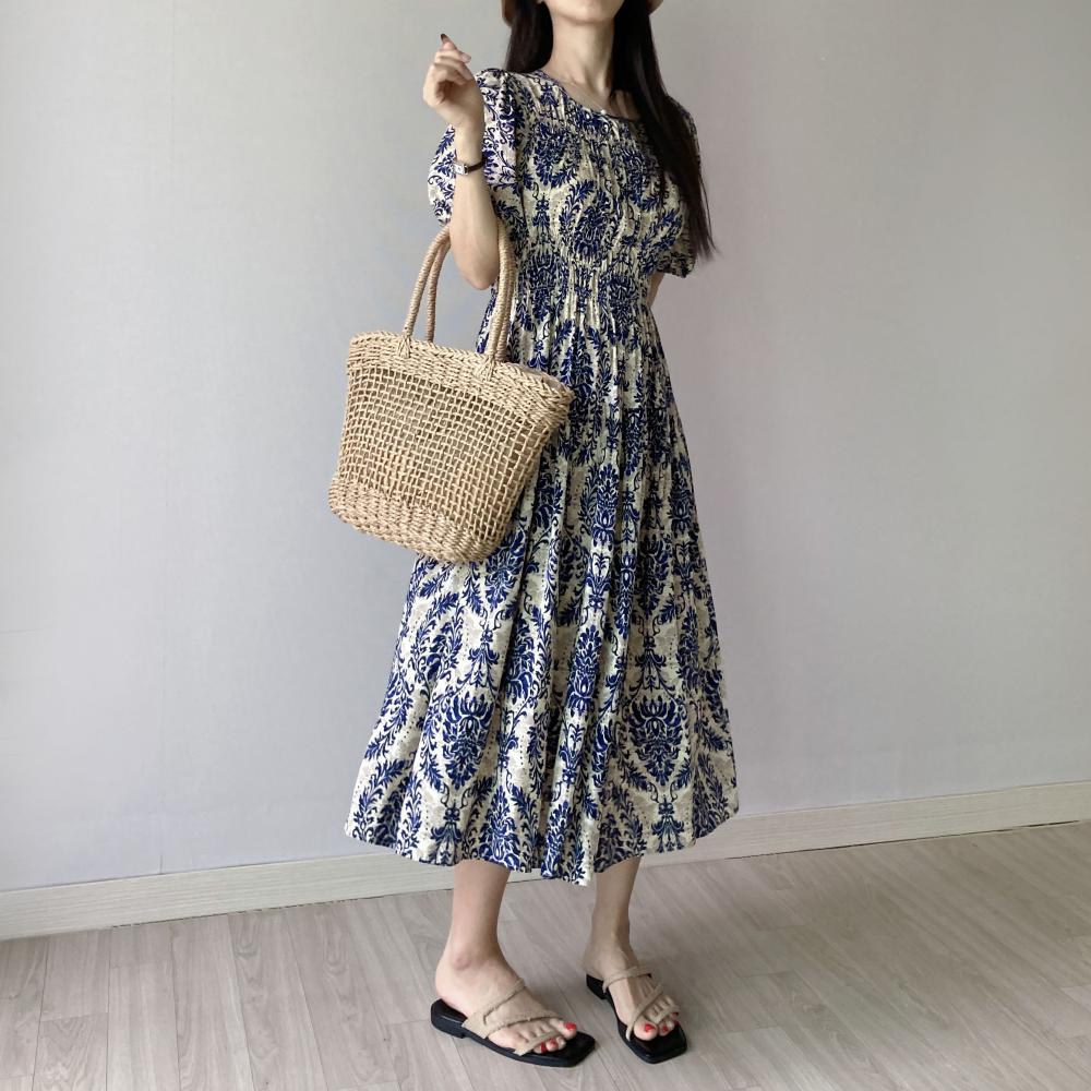 로이스제이 신상 에스닉 보헤미안 기하학 패턴 원피스 바캉스 휴양지 롱 원피스 스모크 밴딩 허리 밴딩 라운드넥 예쁜 무늬 화사한