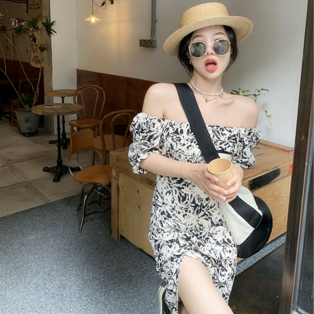 유투미월드 ♥당일 출고♥ 프랑스 섹시한 원 숄더 꽃 드레스 허리 Cinching 여름 새로운 슬리밍 디자인 틈새 슬릿 차