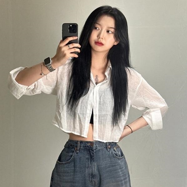 러키펀치 데일리 무지 여름 린넨 여성 크롭 셔츠 베이직 여름셔츠 린넨셔츠 남방 여름 얇은 루즈핏 시스루 거즈 긴팔셔츠 자외선
