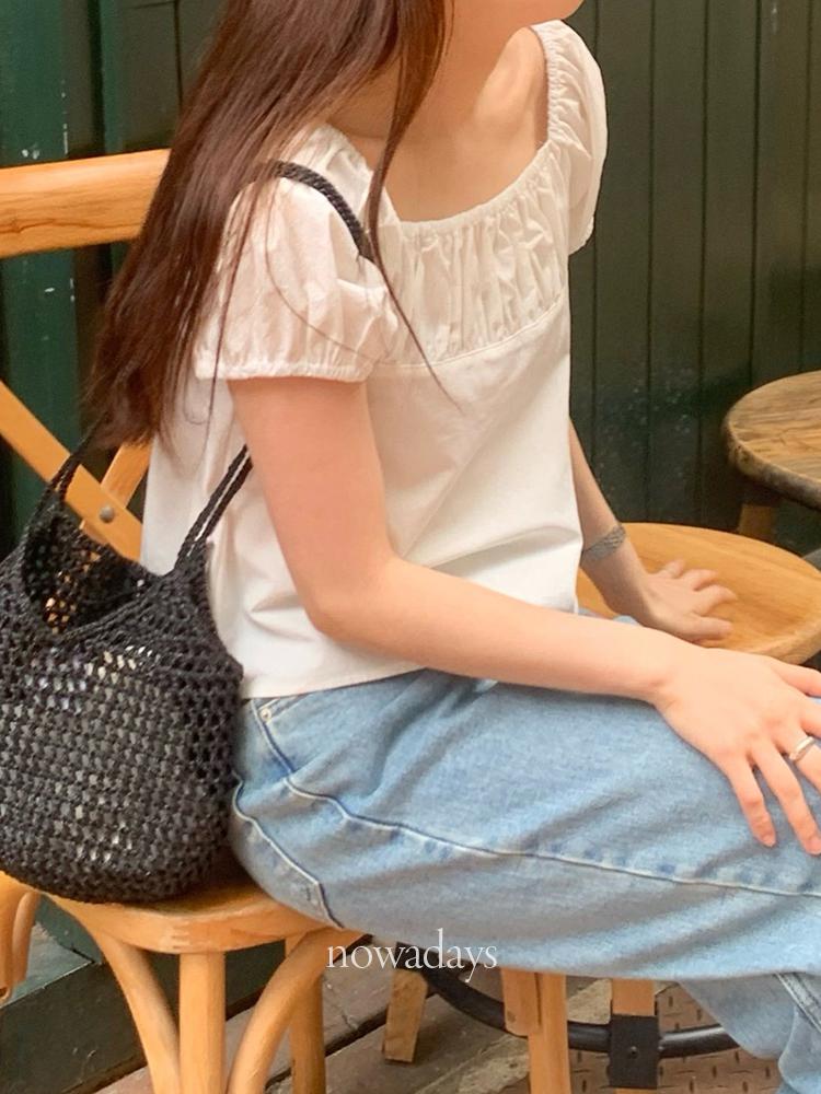 나우어데이즈 fllanel 플라넬 스퀘어 블라우스 썸머 코튼 반팔 셔링 퍼프 bl (2col)