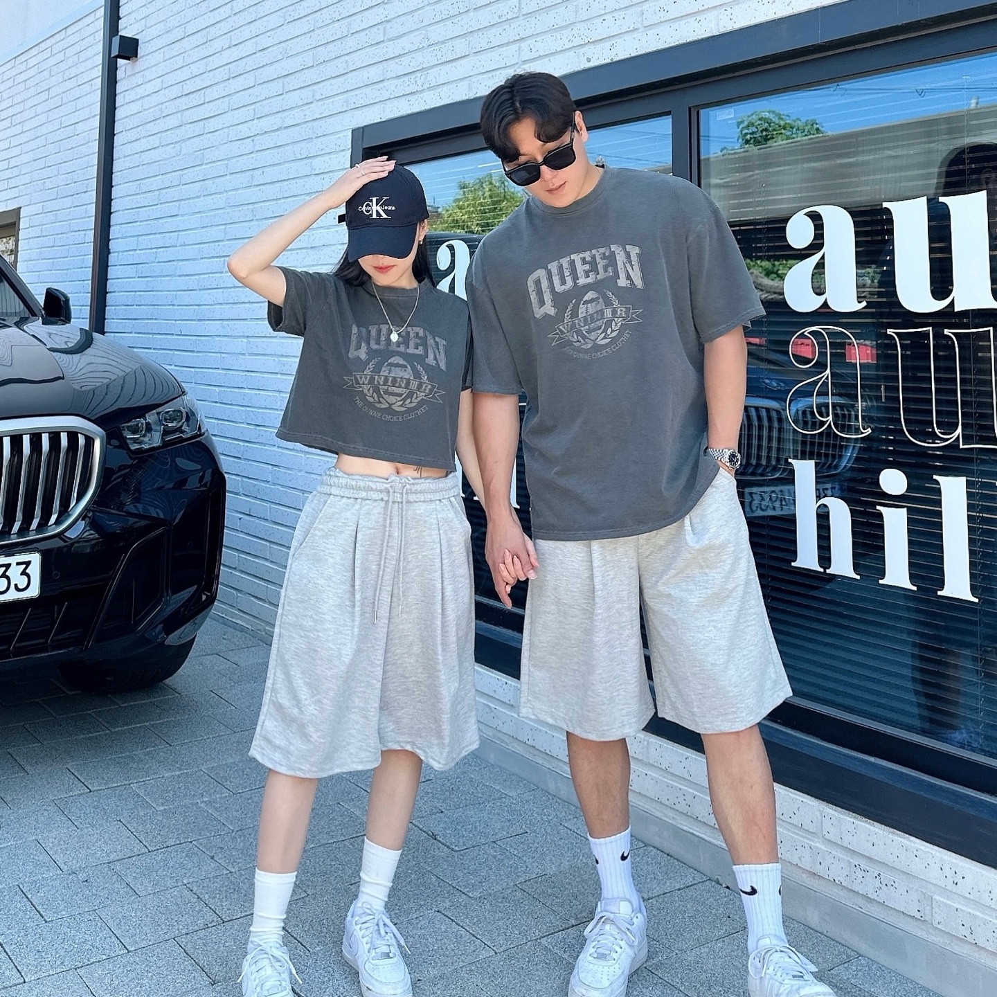 비바블 2사이즈세트가능고퀄 피그먼트 반팔 커플티 핀턱 버뮤다 팬츠 밴딩 반바지 여름 커플룩 커플 시밀러룩 코디 세트 꾸안꾸 트레이닝 세트 크롭티 크롭 반팔 오버핏