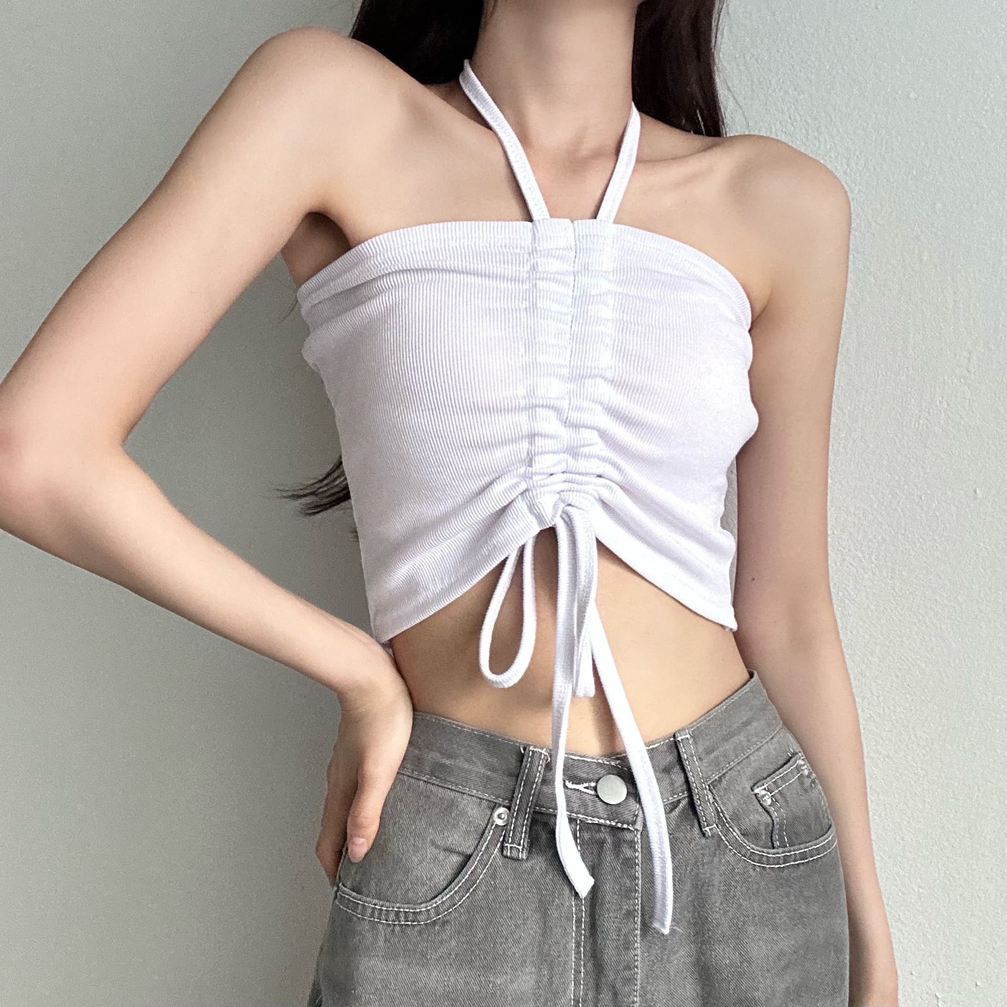 마이픽 [4color] 홀터넥 셔링 리본 스트랩 탑 튜브탑 나시