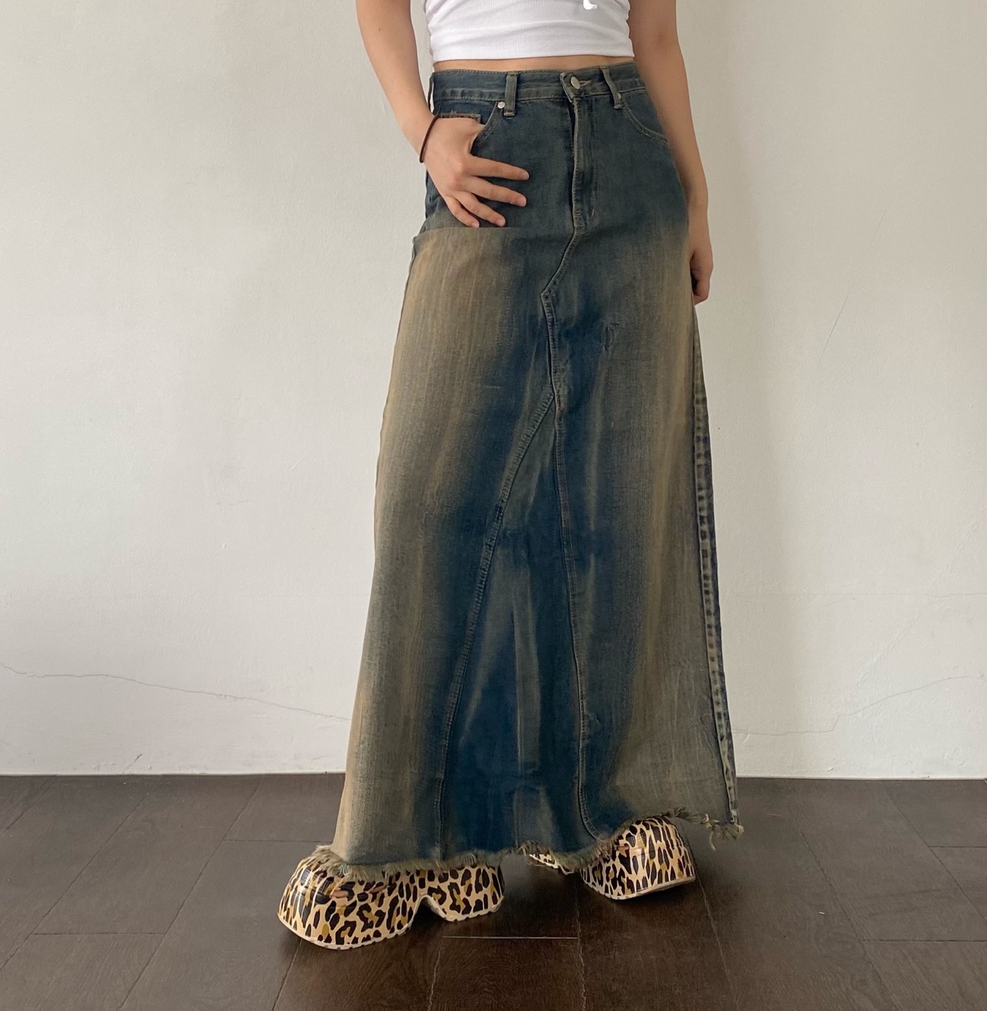 시클리 소장가치! 🦋🌀2col A라인 맥시 롱 밑단수술 여름 데님 하이웨스트 연청 흑청 아메카지룩 스커트 청 치마