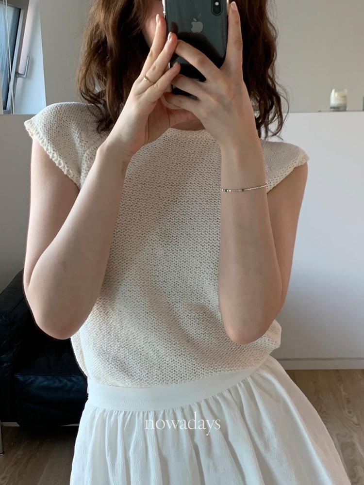 나우어데이즈 haus 하우스 빈티지 리버스 니트 라운드 캡소매 코튼 썸머 니트 (2col)