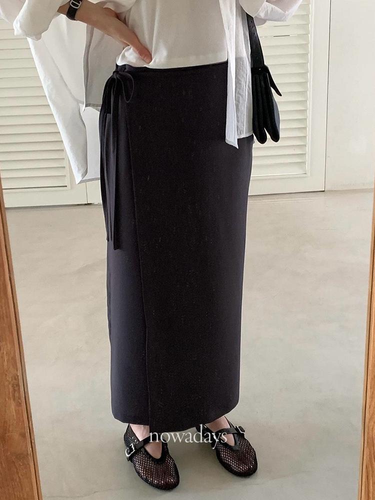 나우어데이즈 S 당일 / BR 모리 랩 스커트 썸머 H라인 일자 리본 롱 치마 (2col)