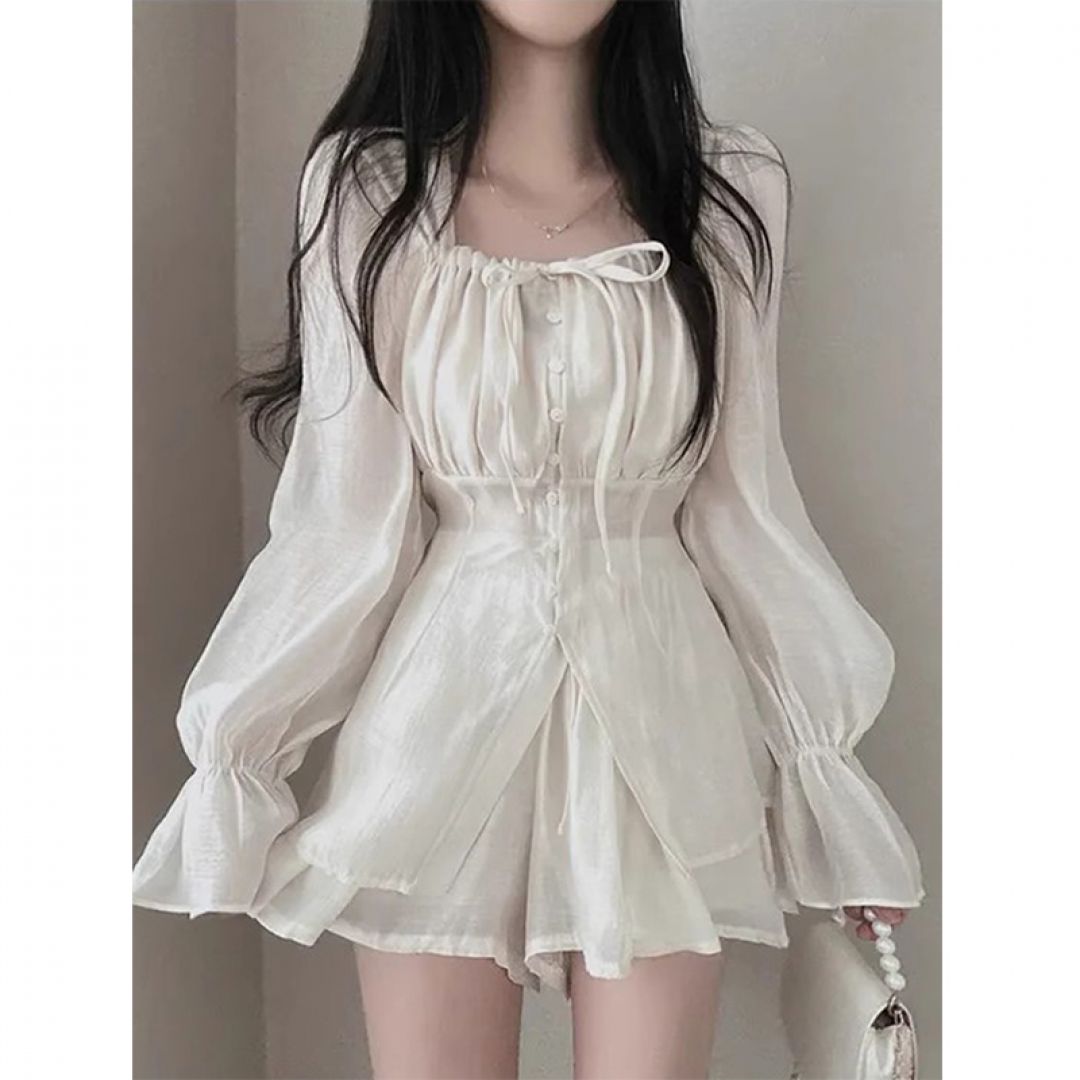 유투미월드 ♥당일 출고♥ 시크 여름 프랑스 기질 레이스 업 플리츠 벨 슬리브 자외선 차단제 셔츠와 하이 웨이스트 와이드 레그 쇼츠 세트