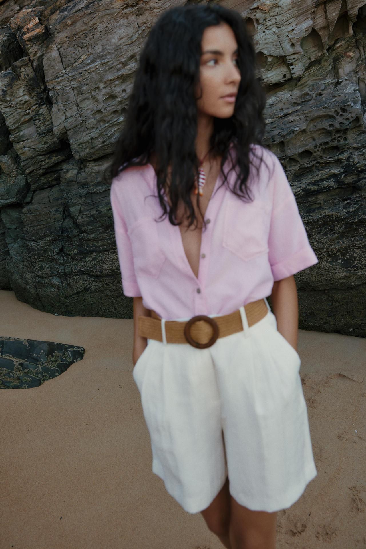 스페인샵 자라 반팔 린넨 혼방 셔츠 2186/716 PINK